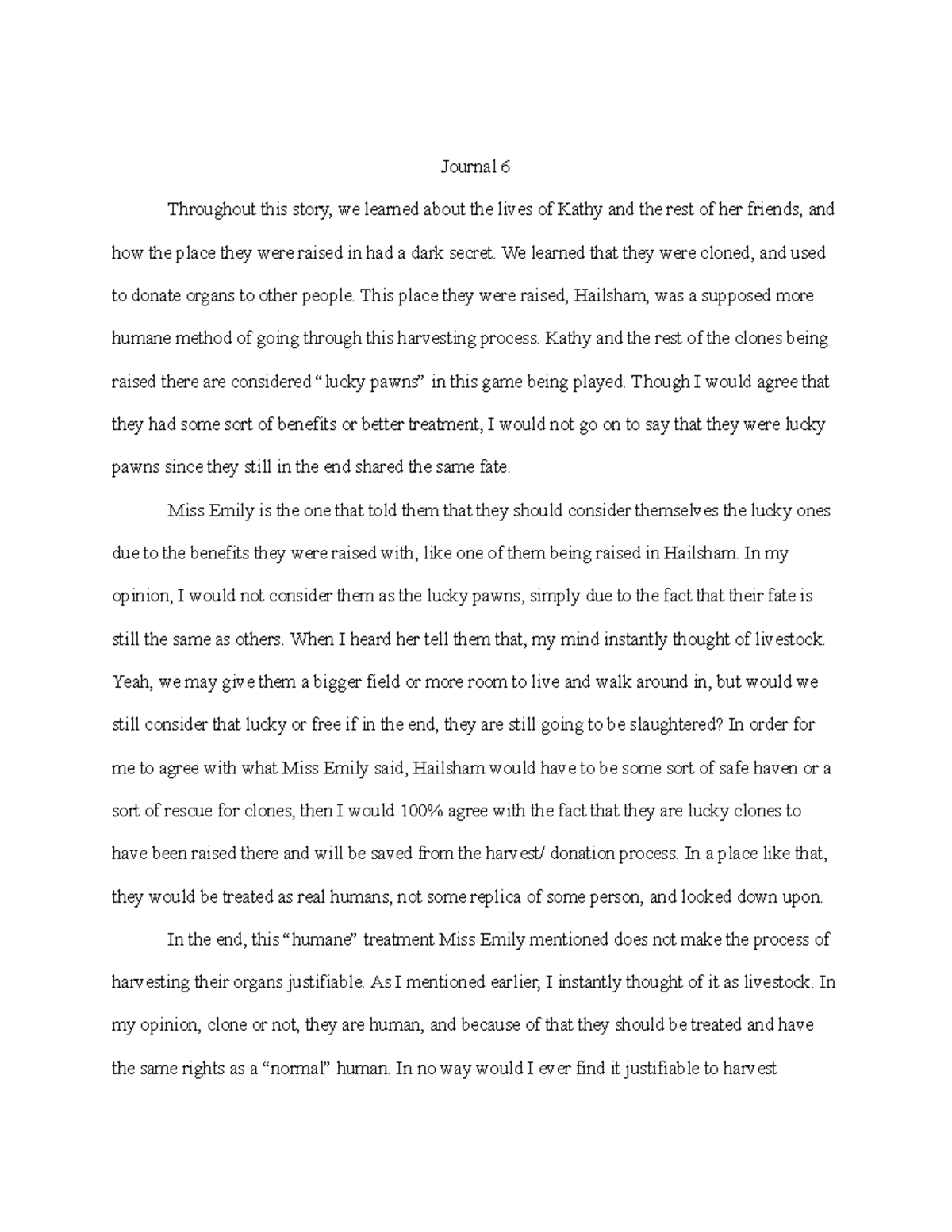 Journal 6 - Summary on last chapter of Never let me go - Journal 6 ...