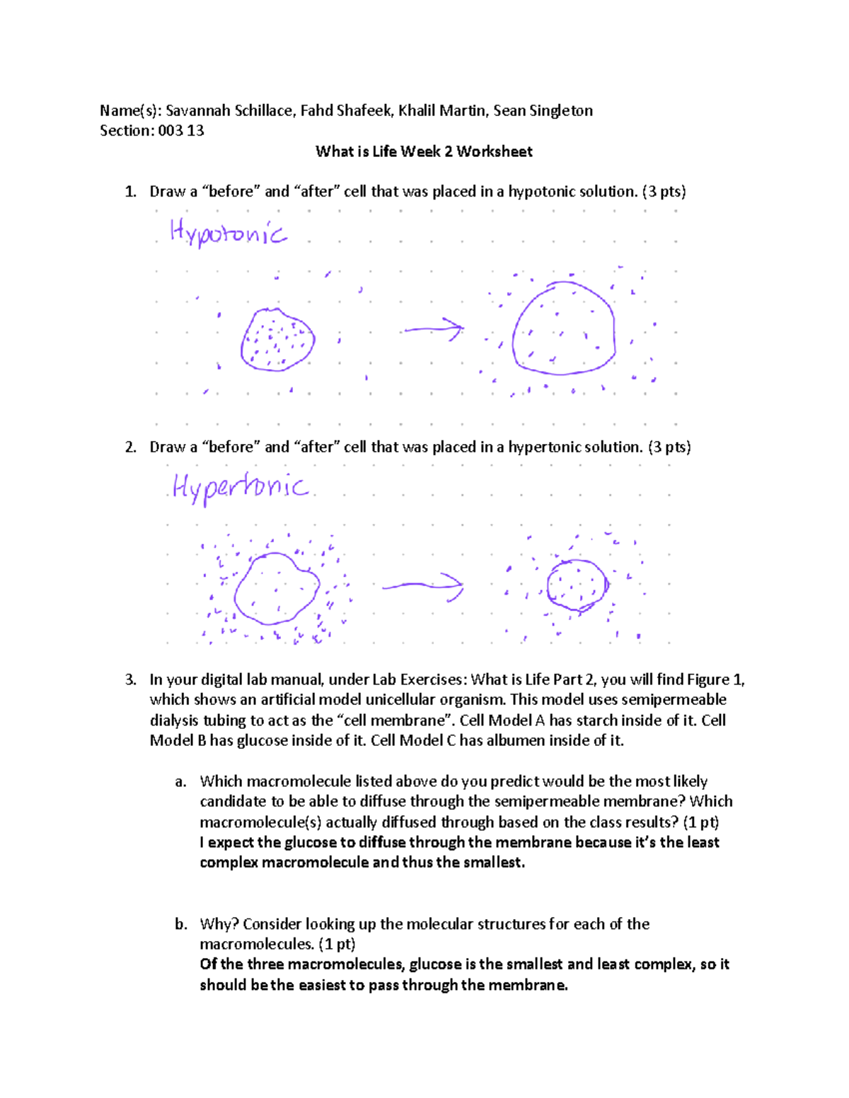 What is Life Week 2 Worksheet - FS24 - Name(s): Savannah Schillace ...