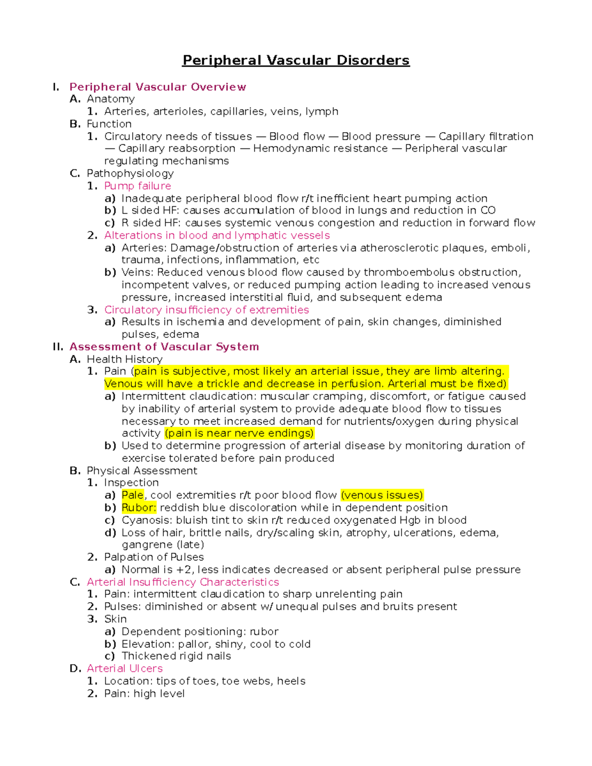 Week 6 Adult II Notes - study guide - Peripheral Vascular Disorders I ...