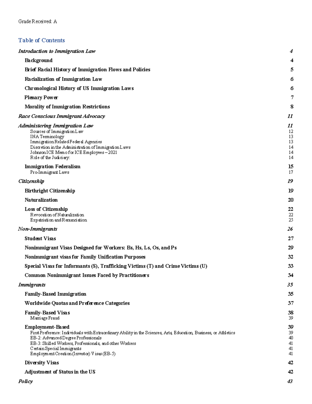 Fall 2022 Immigration Law Outline Morales - Grade Received: A ...
