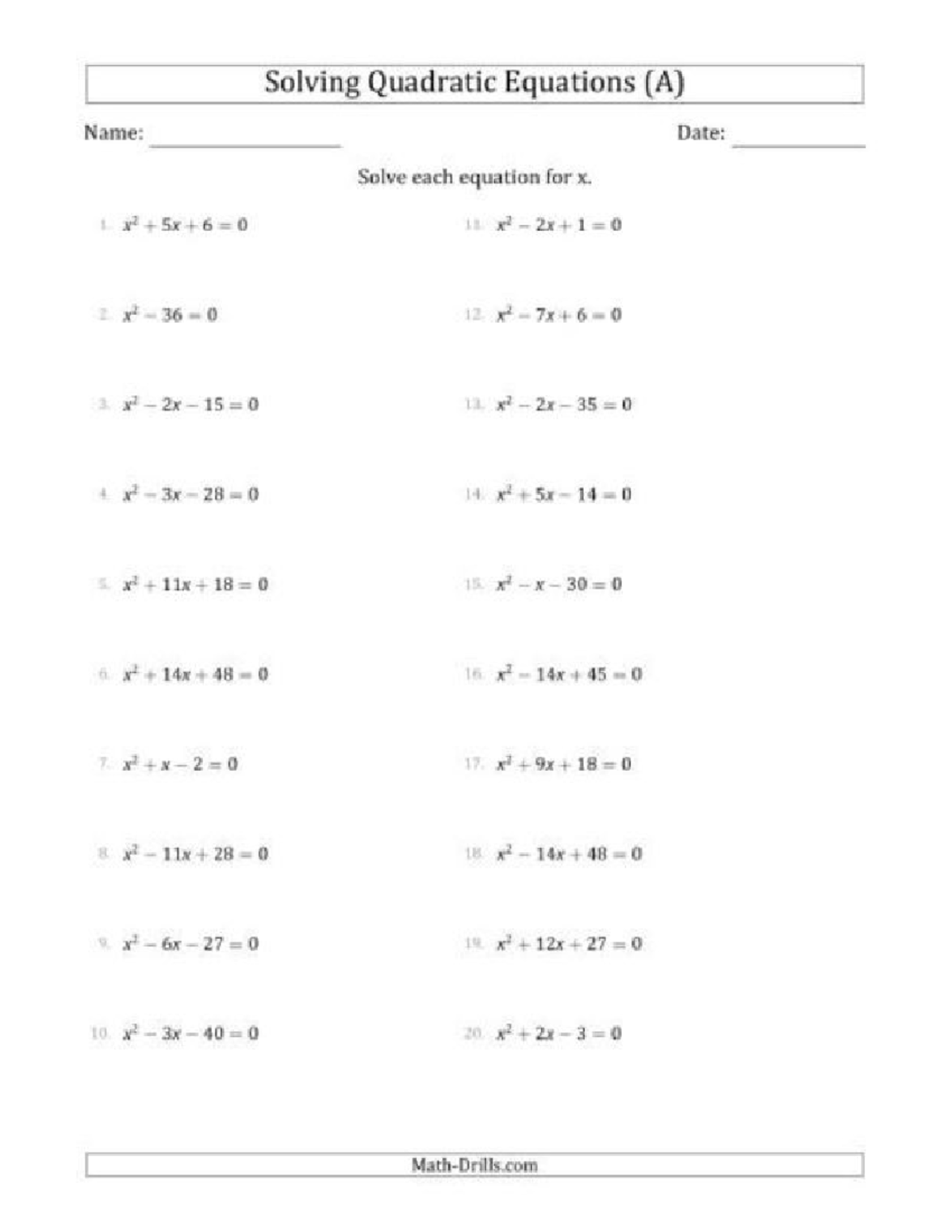 Quadratic equation factoring - Solving Quadratic Equations (A) Name ...
