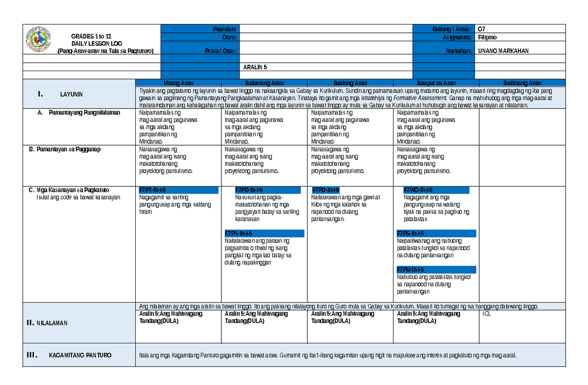 Aralin 1 - Lesson Plan - GRADES 1 to 12 DAILY LESSON LOG (Pang-Araw ...