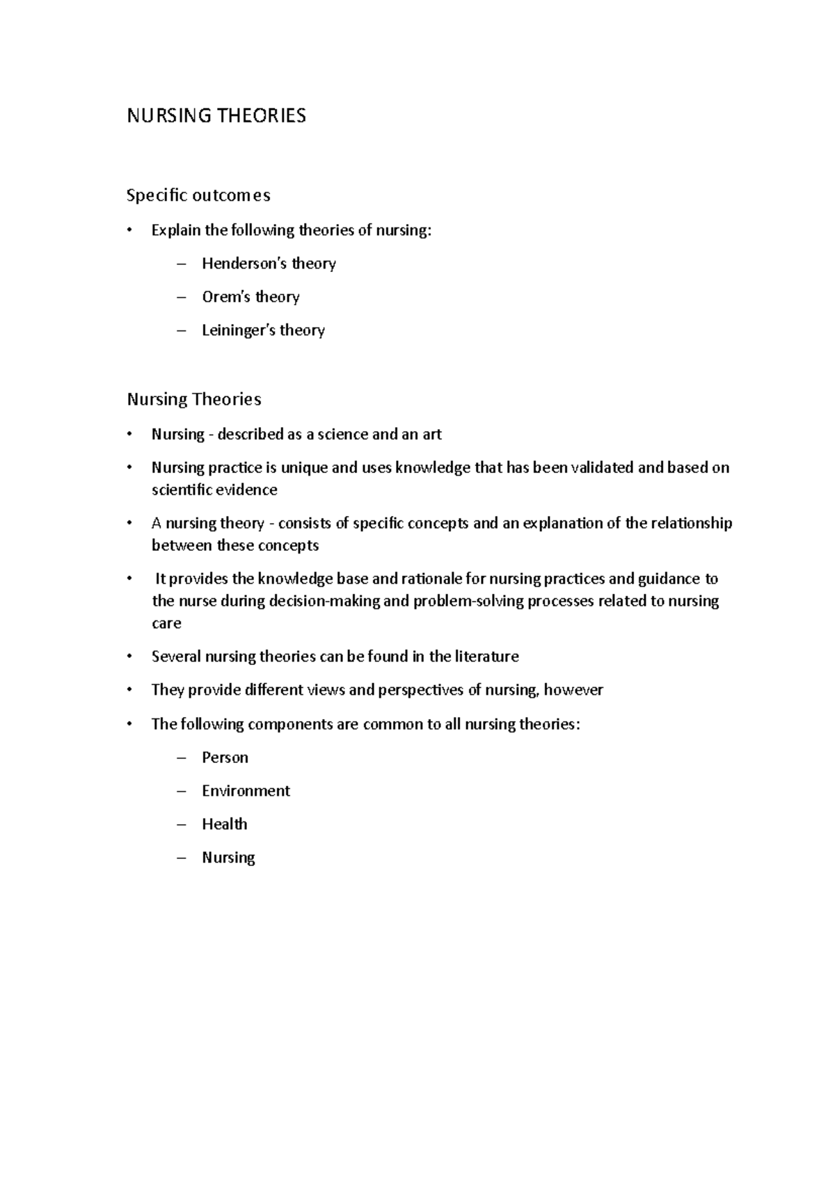 Nursing Theories - Summary of lecture notes - NURSING THEORIES Specific ...