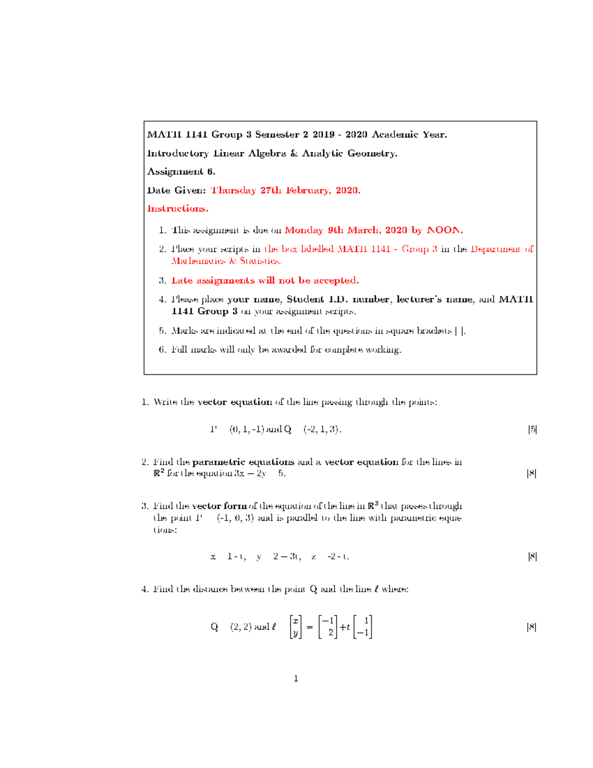 MATH 1141 Assignment 6 - Questions done for practice on complex numbers, matrices, vectors ...