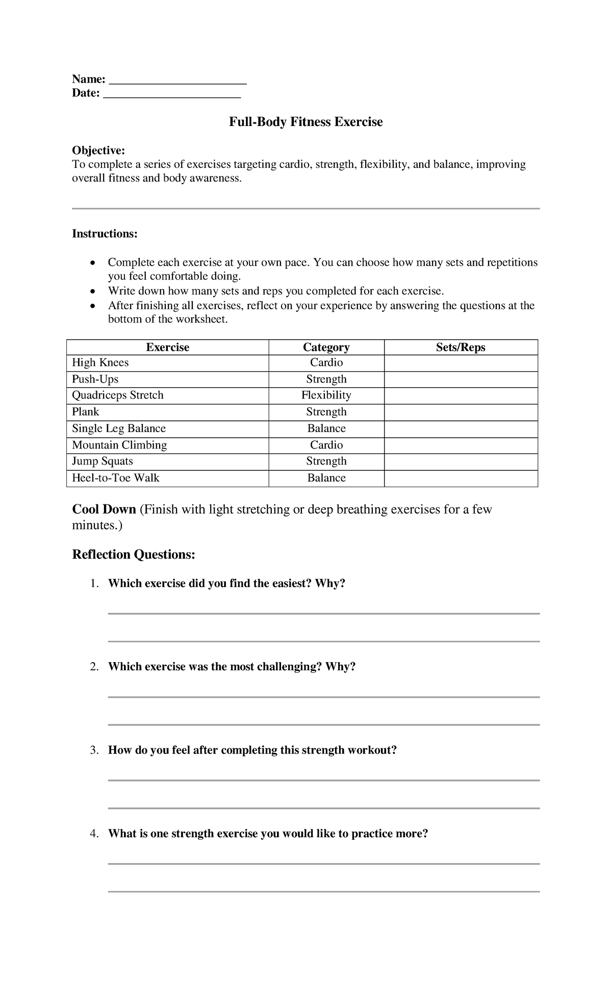 Full Body Fitness Exercise Worksheet - Name ...