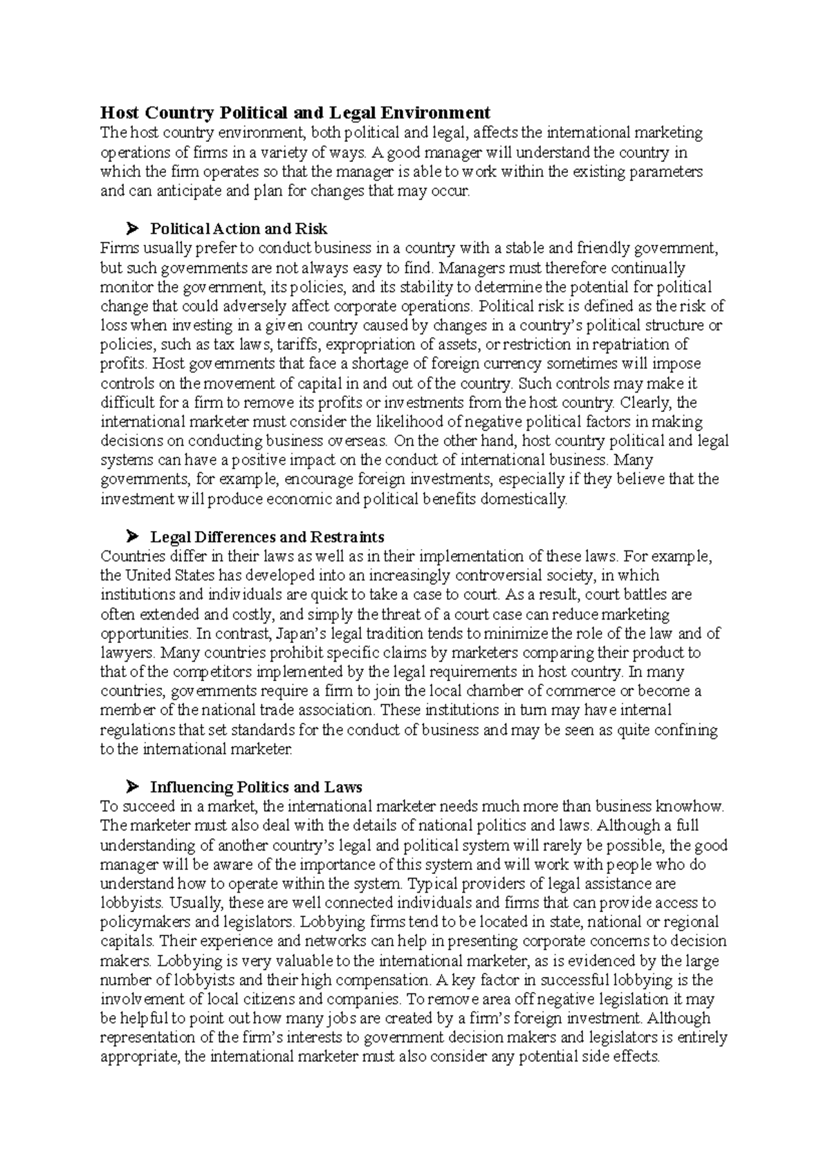 Lecture 8 (Int. Mktg) - Host Country Political and Legal Environment ...