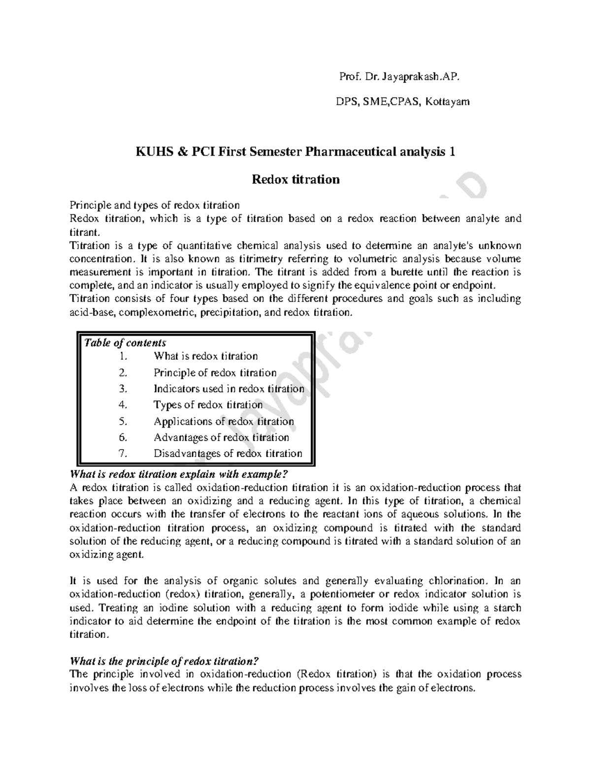 Redox - Lecture note - Prof. Dr. Jayaprakash. DPS, SME,CPAS, Kottayam ...