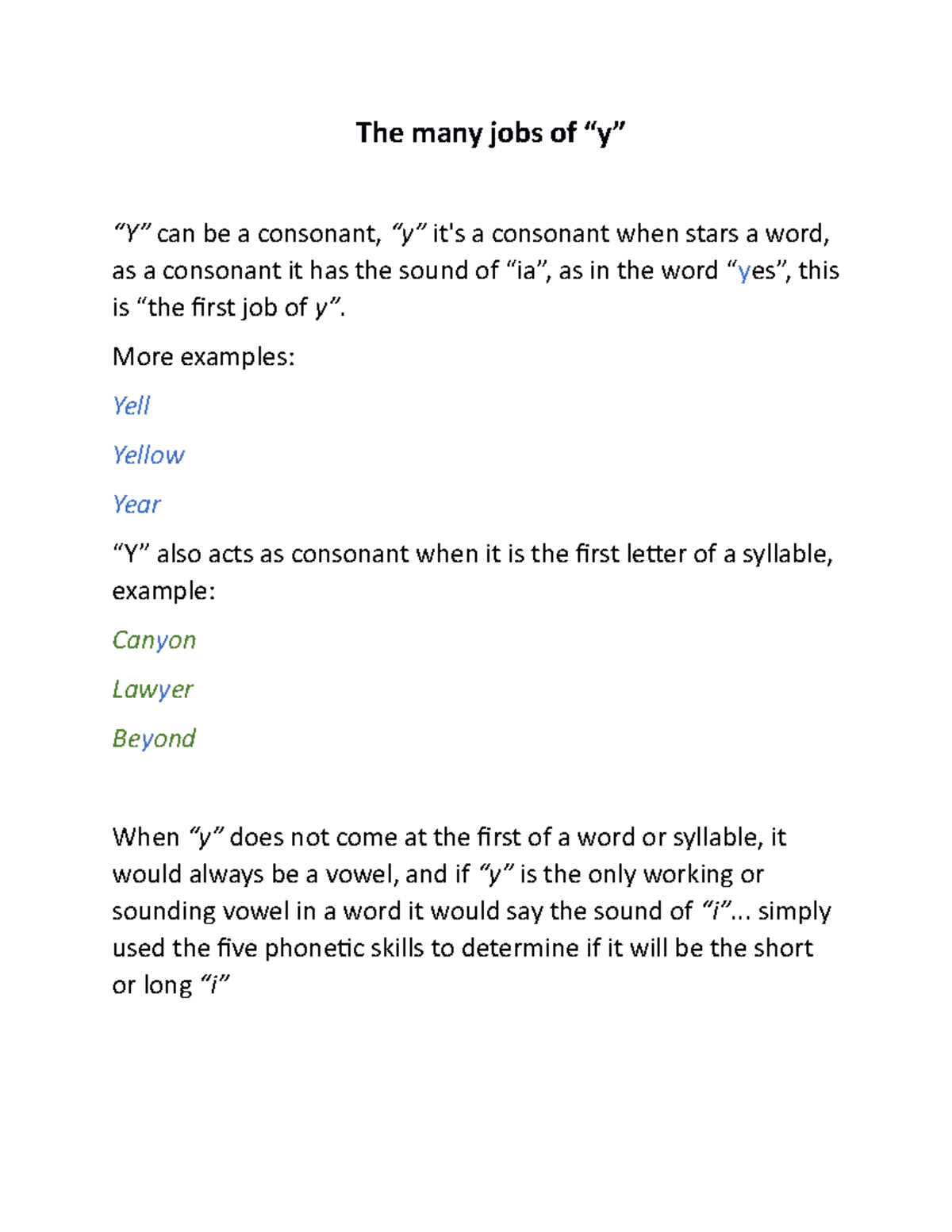 Many jobs of y - los muchos trabajos de la y - The many jobs of “y” “Y ...