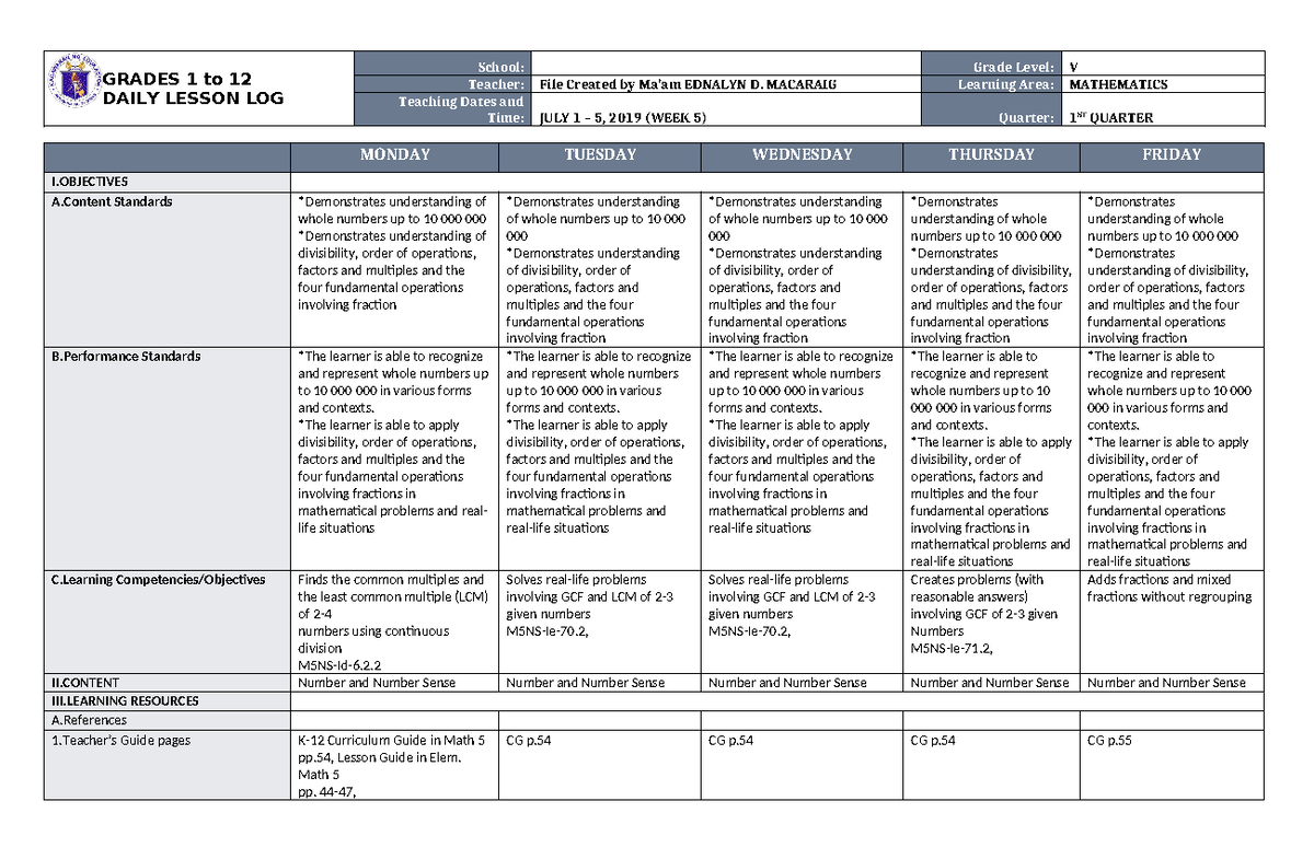 DLL Mathematics 5 Q1 W5 - DLL MATH - GRADES 1 to 12 DAILY LESSON LOG ...