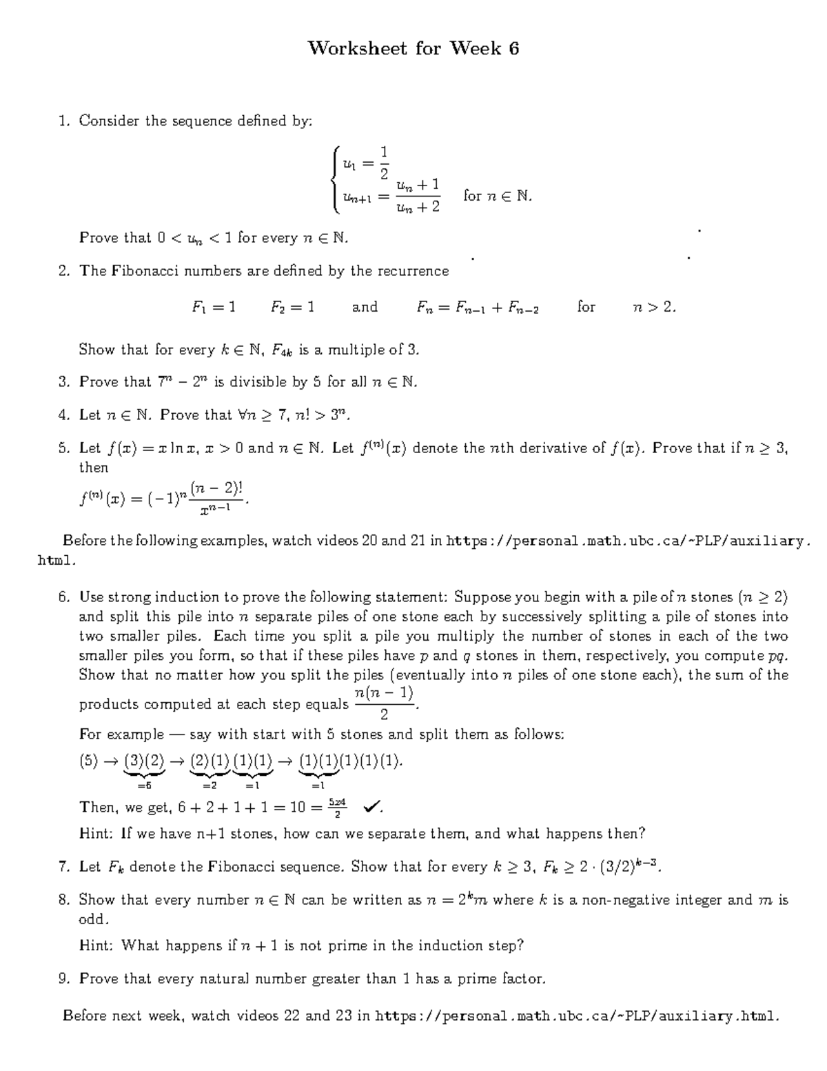 Worksheet week 6 - notes - Worksheet for Week 6 Consider the sequence ...