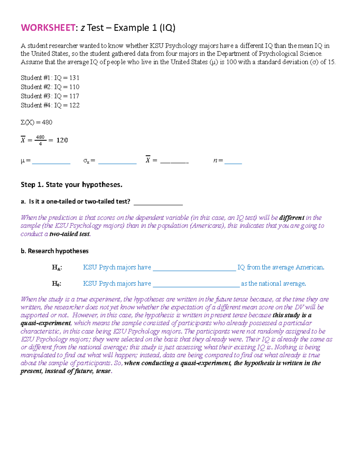 Z test WS1 - IQ - Worksheet new format - WORKSHEET: z Test – Example 1 ...