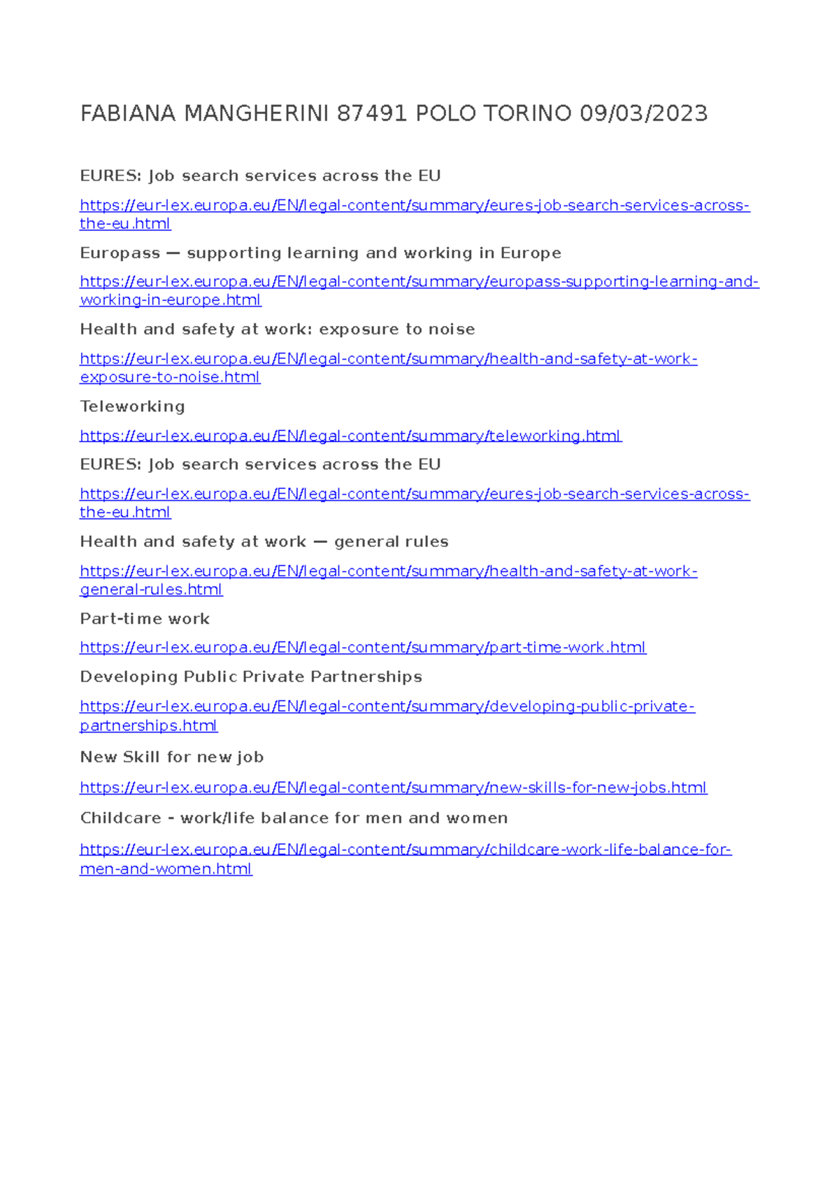 Esame inglese - FABIANA MANGHERINI 87491 POLO TORINO 09/03/ EURES: Job ...