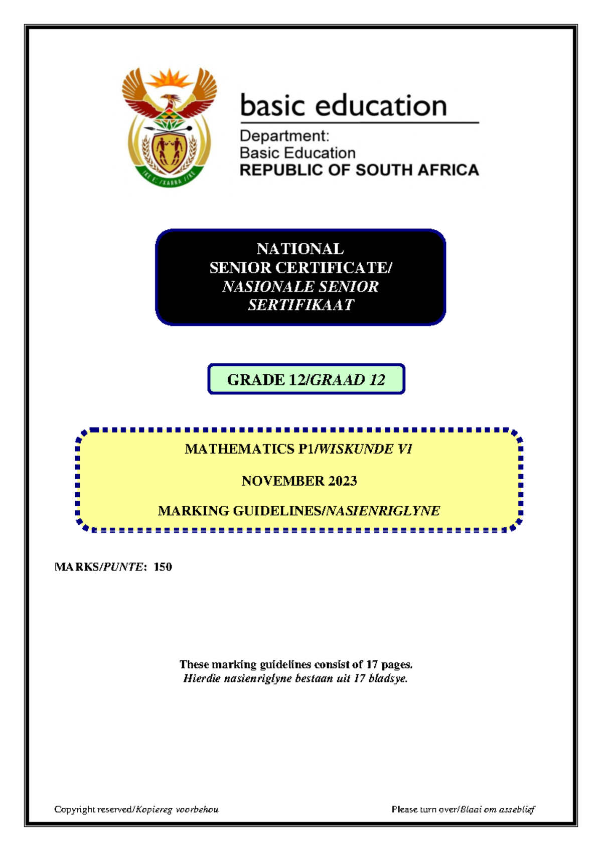 NSC Maths Grade 12 November 2023 P1 Memo - MARKS/PUNTE: 150 These ...