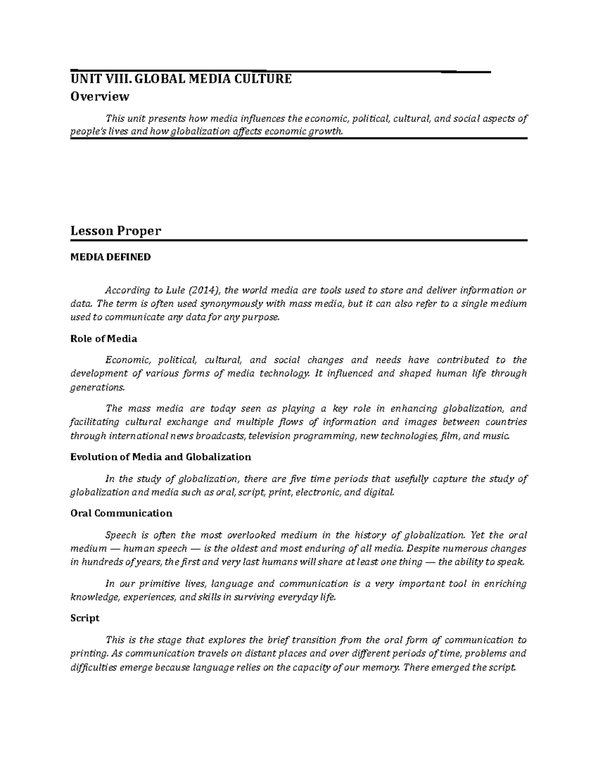 UNIT VIII Global Media Culture - UNIT VIII. GLOBAL MEDIA CULTURE ...