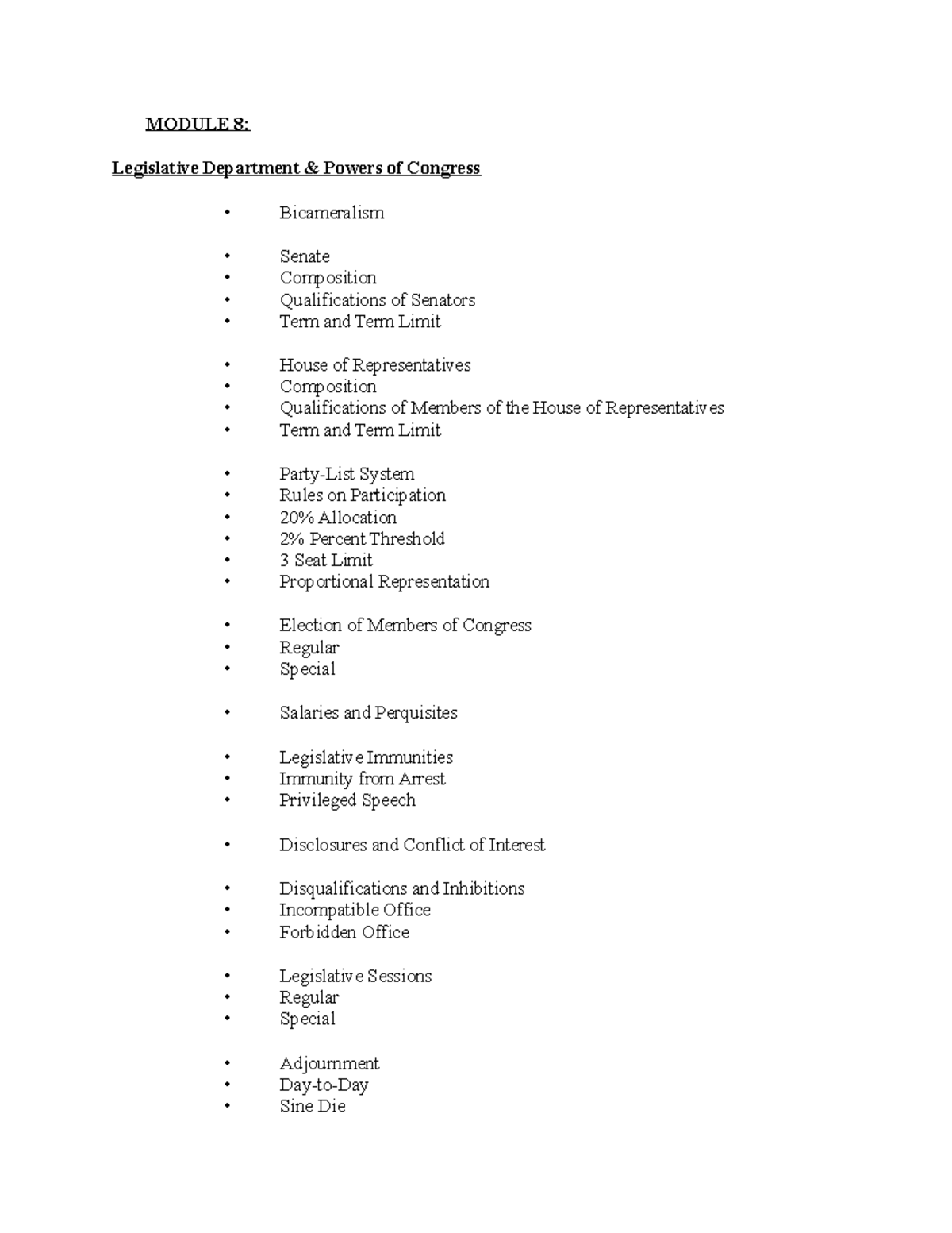 Module-8 - Module 8 - MODULE 8: Legislative Department & Powers of ...