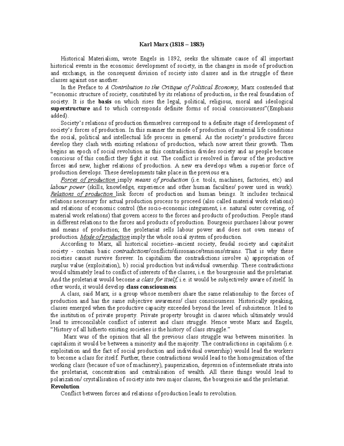 Marxism - Notes for 1st Sem - Karl Marx (1818 – 1883) Historical ...