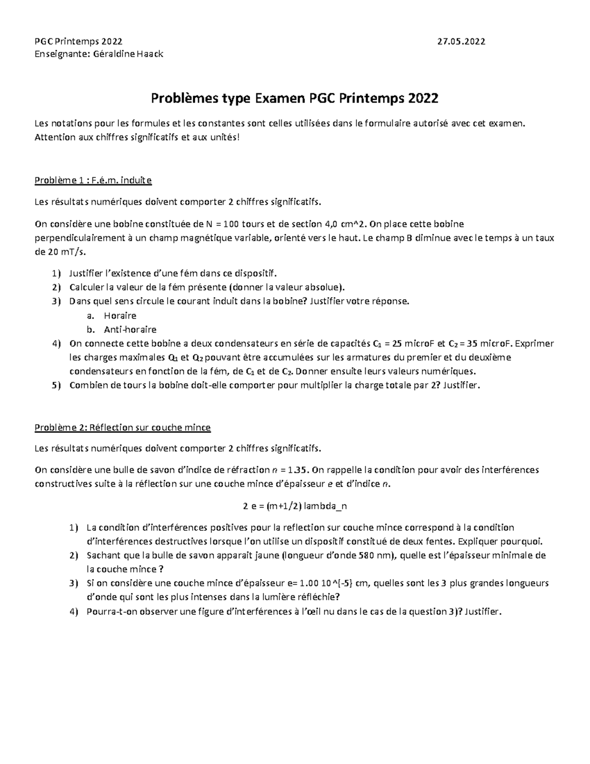 Problèmes type examen Juin 2022 - PGC Printemps 2022 27. Enseignante ...