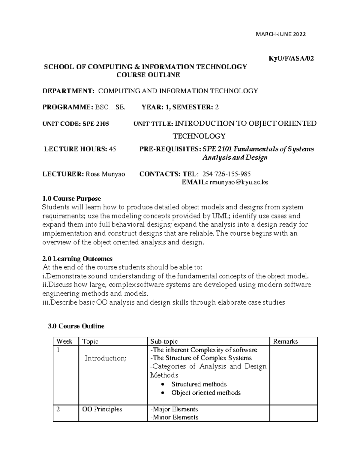 Course Outline Introduction to object oriented analysis and design ...