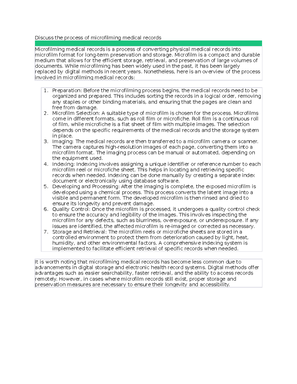 Microfilming medical records - Discuss the process of microfilming ...