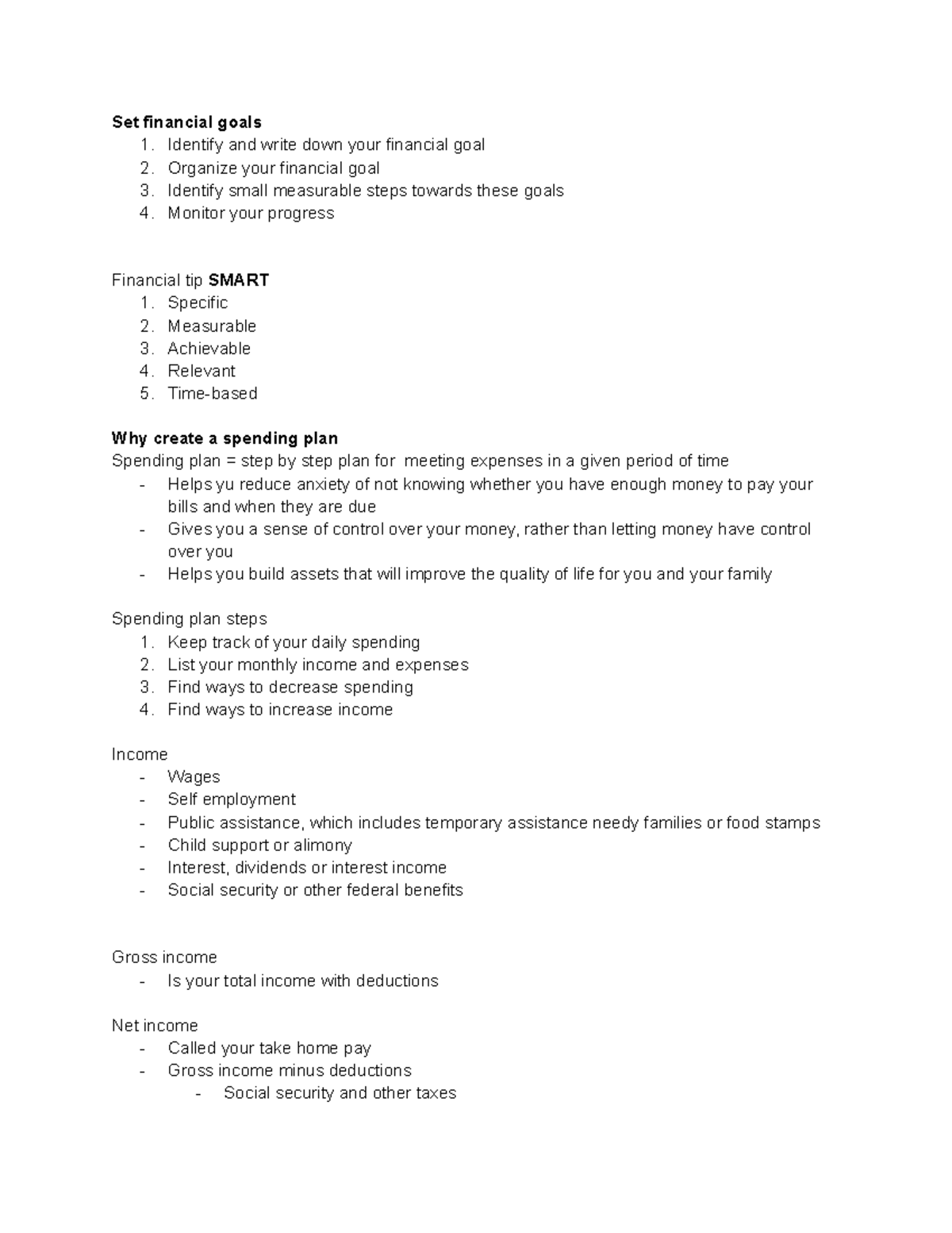 Money matters - notes - Set financial goals 1. Identify and write down ...