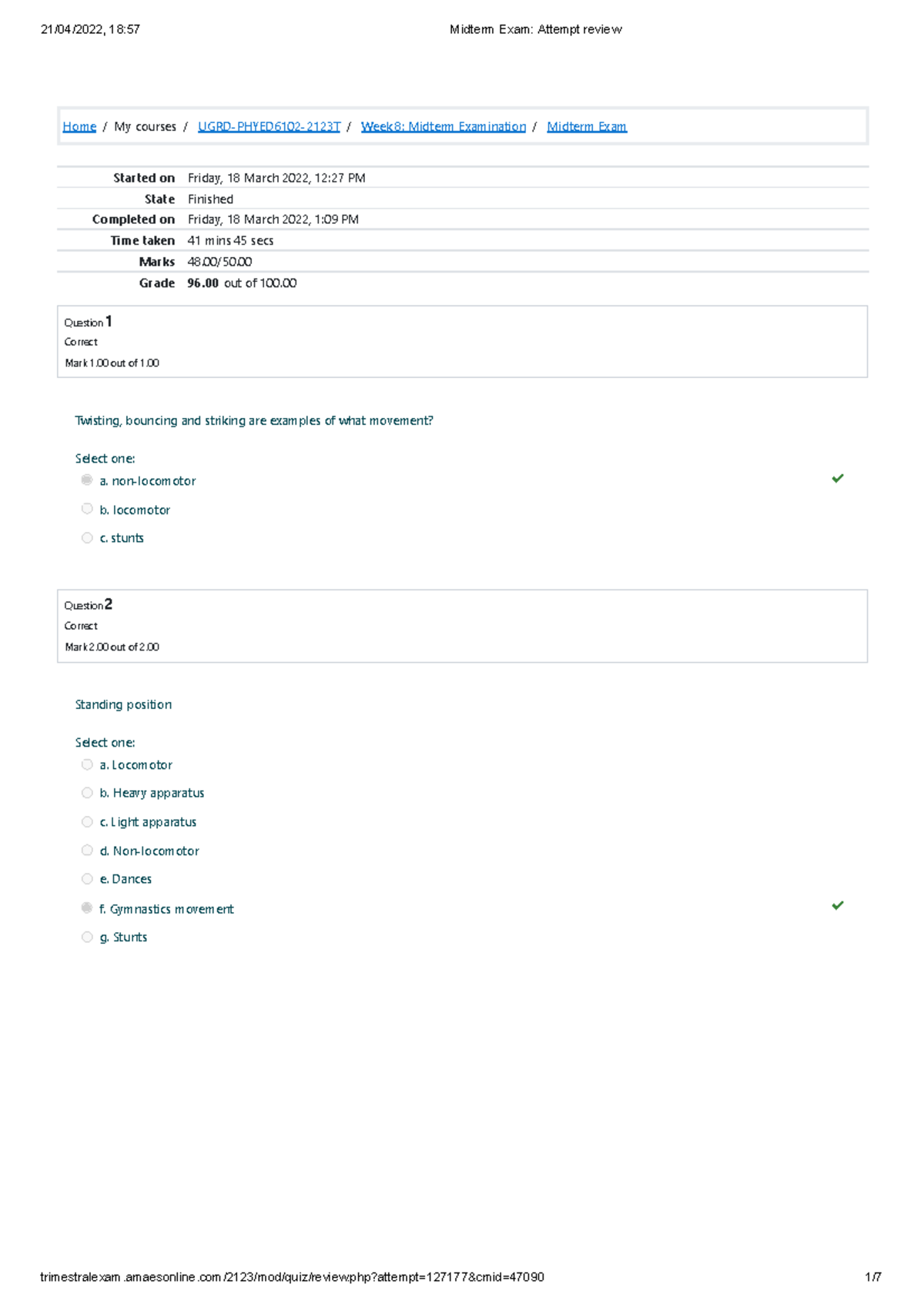 PE 2 (Midterm Exam Attempt review) - Home / My courses / UGRD-PHYED6102 ...