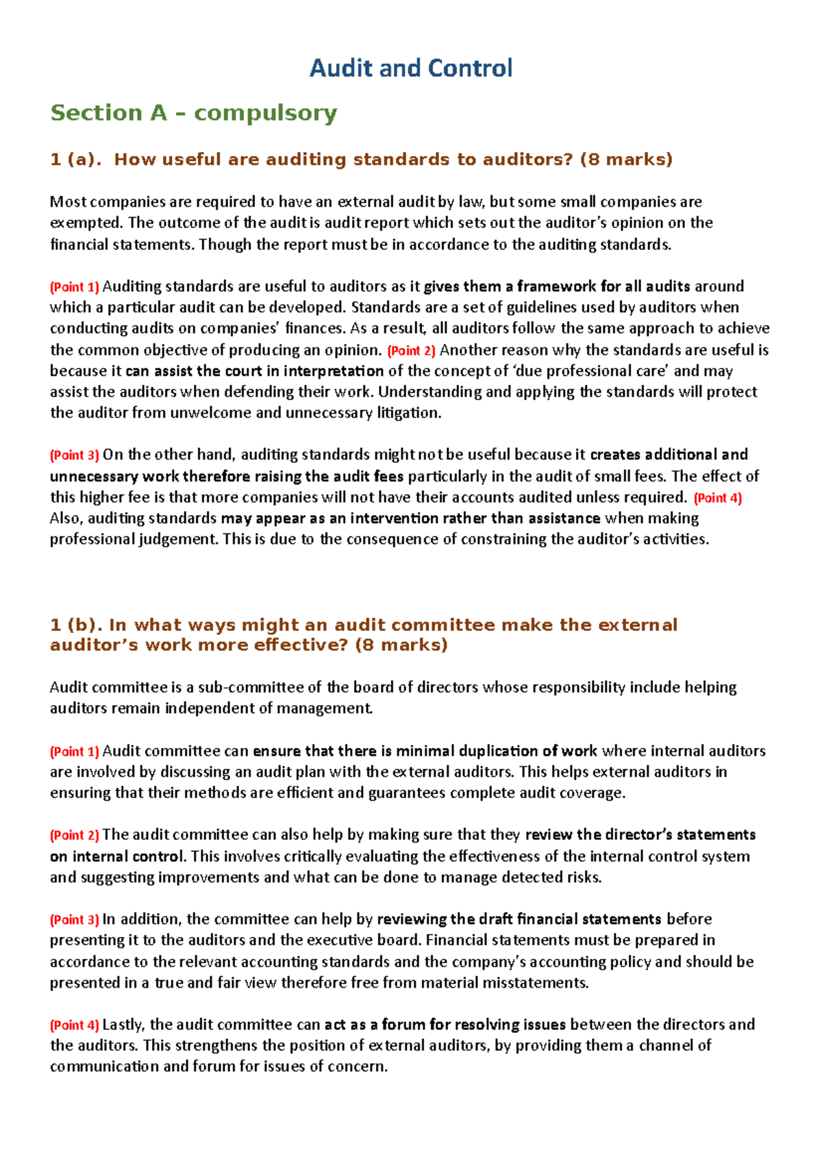 Audit Revision Answers - Audit and Control Section A – compulsory 1 (a ...