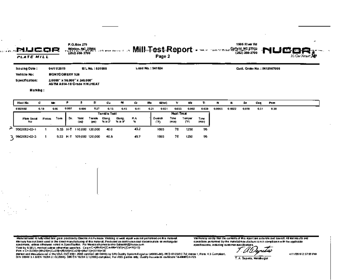 ASTM A514 MILL TEST Report - ⸀⸀ P.O 279 ., - ,. Ⰰ⸀⸀Ⰰ. ,- m.,䌀㨀.䌀䤀-R ...