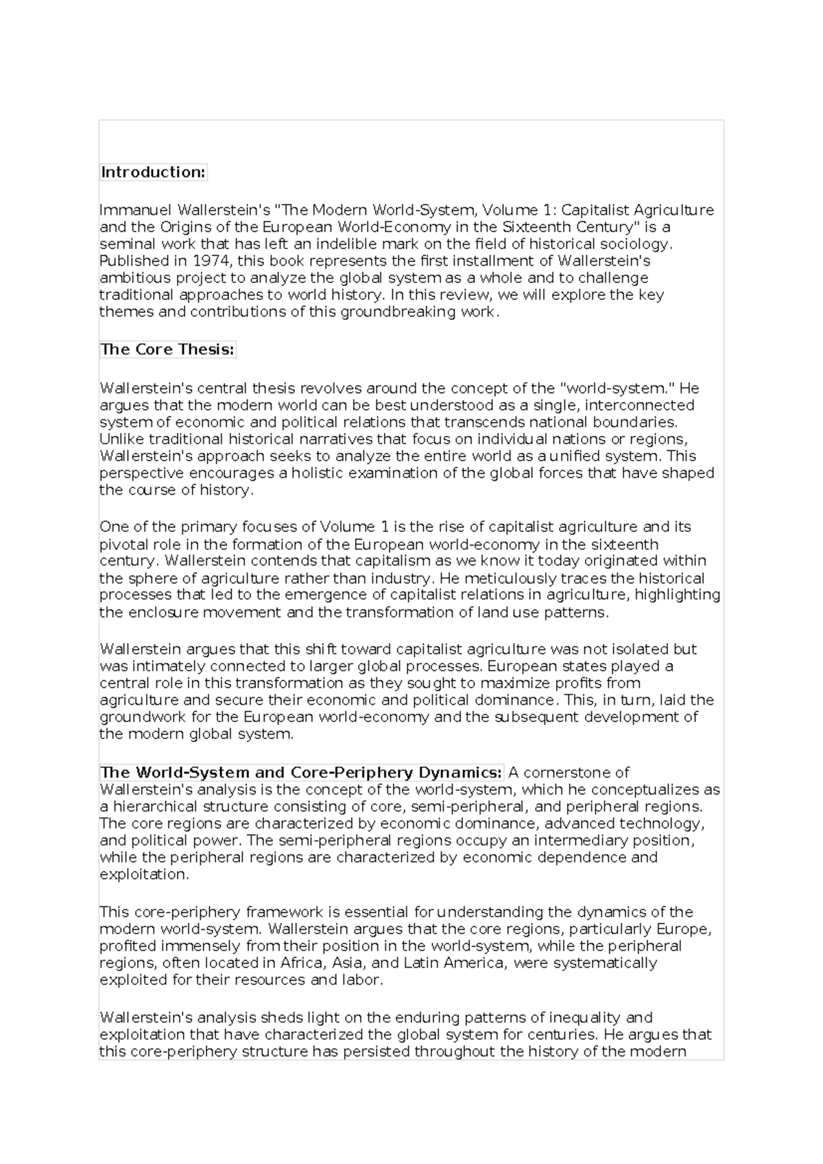 Book review for semester 3 - Introduction: Immanuel Wallerstein's "The ...