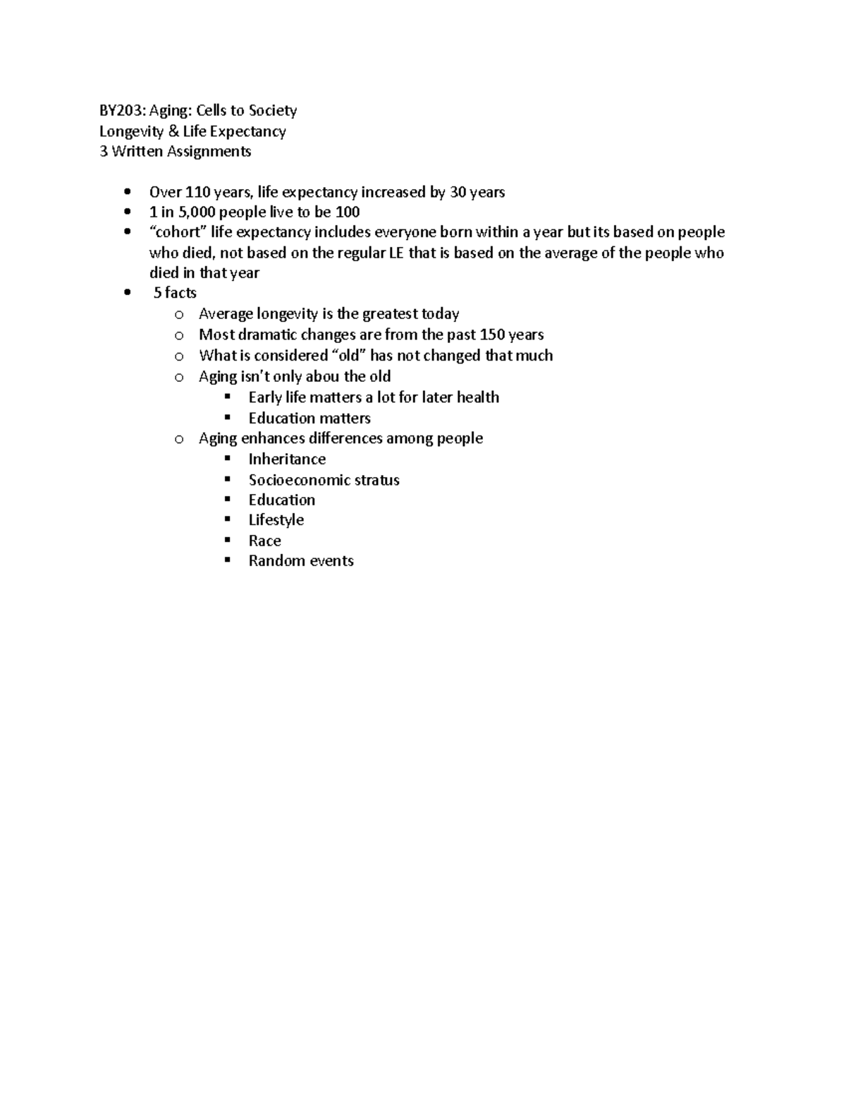 Notes - BY203: Aging: Cells to Society Longevity & Life Expectancy 3 ...