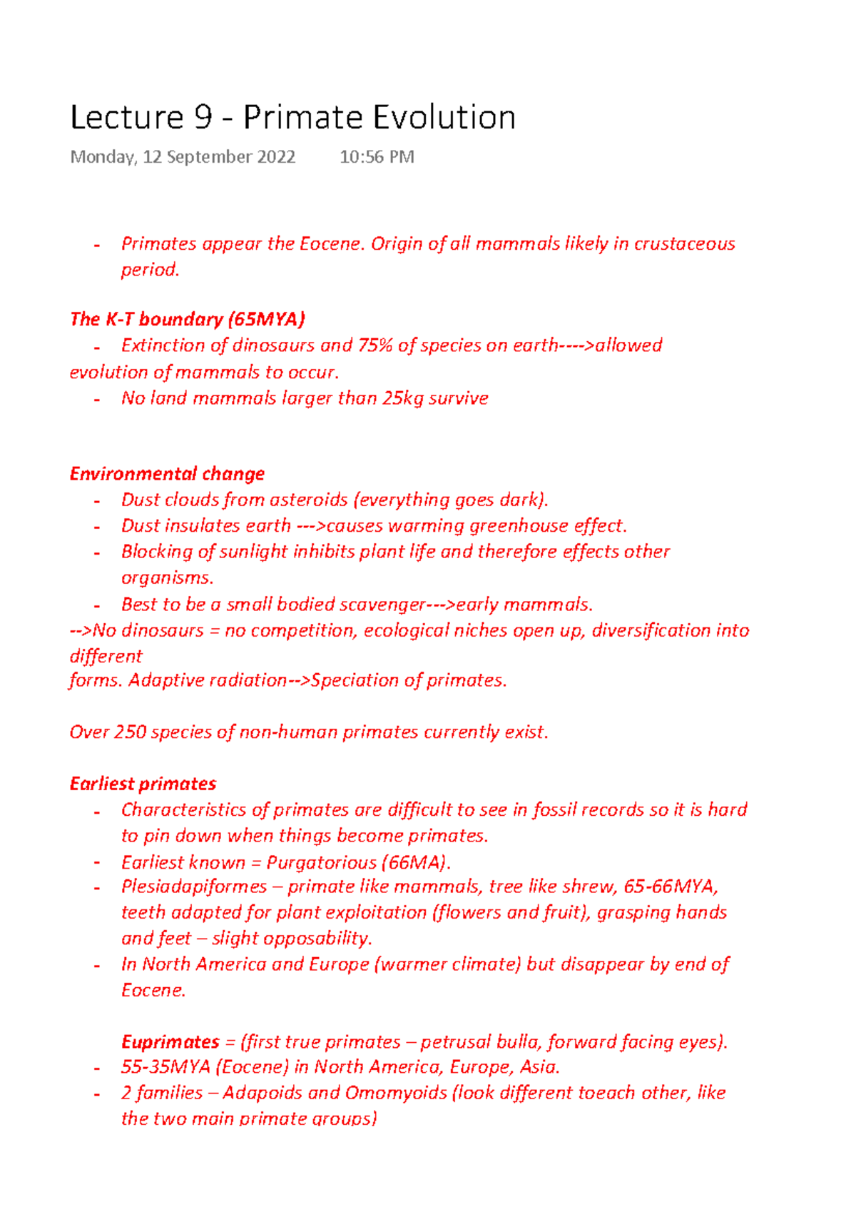 Lecture 9 - Primate Evolution - Primates appear the Eocene. Origin of ...