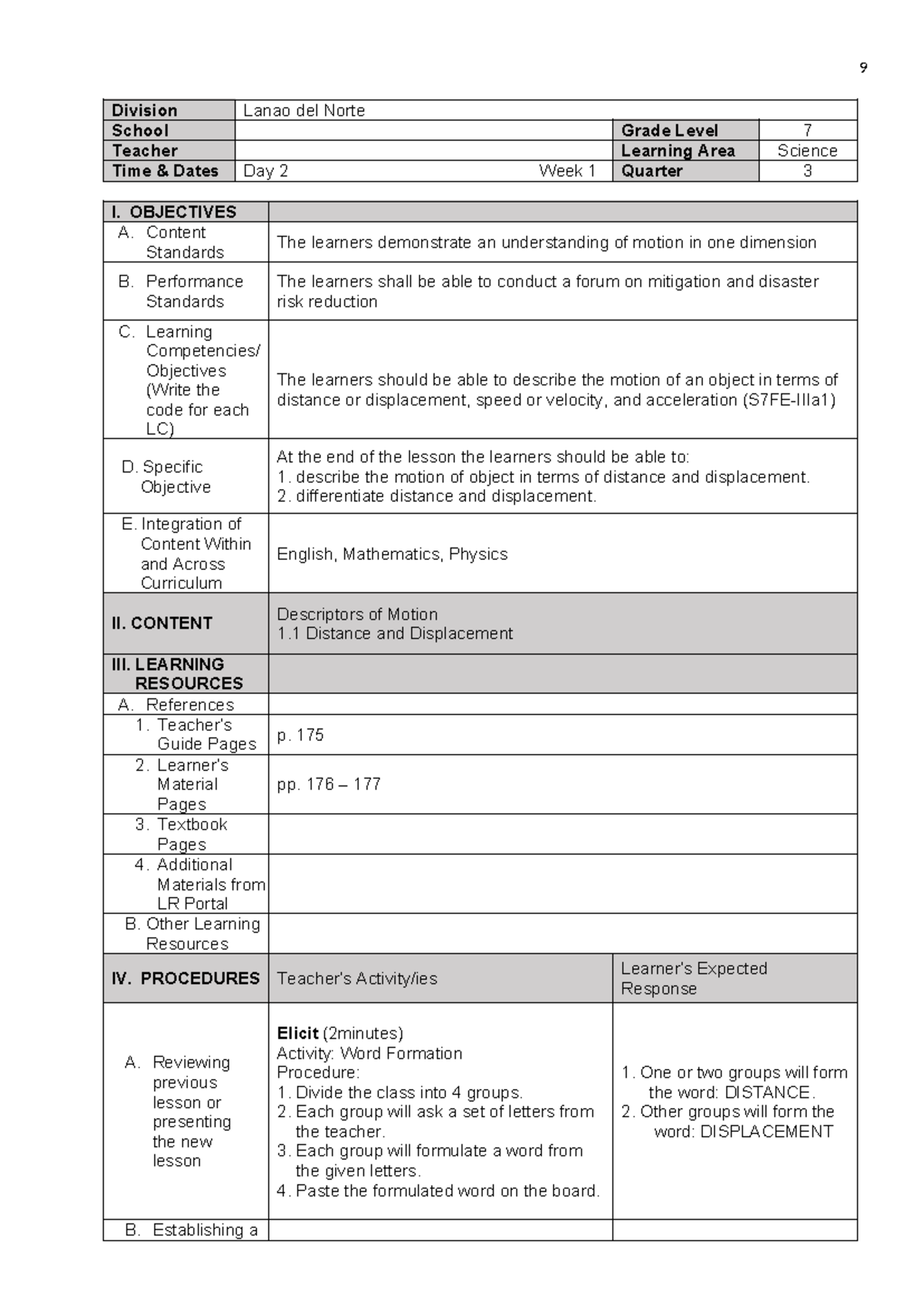 LESSON PLAN ON DISTANCE AND DISPLACEMENT - Division Lanao del Norte ...