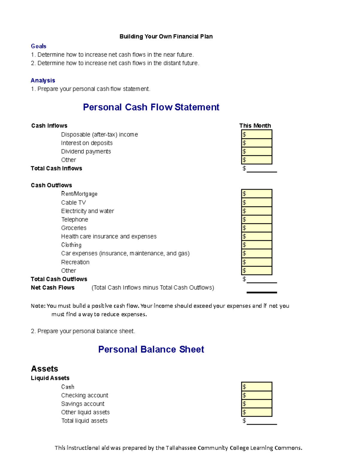 Building Your Own Financial Plan - This instructional aid was prepared ...