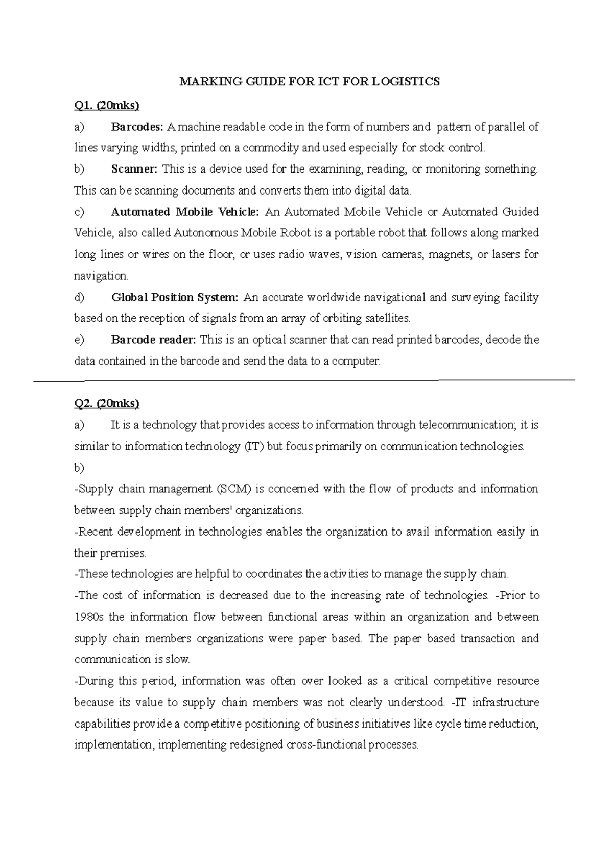 Marking Guide FOR ICT FOR Logistics - MARKING GUIDE FOR ICT FOR ...