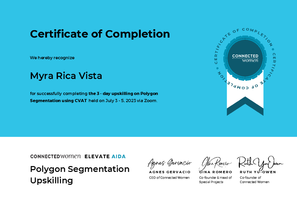 Myra Rica Vista polygon segmentation upskilling - C E R T I F I C A T E ...