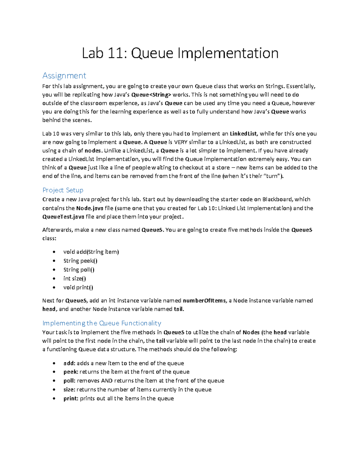 Lab11 Queue Implementation - Lab 11: Queue Implementation Assignment For this lab assignment ...