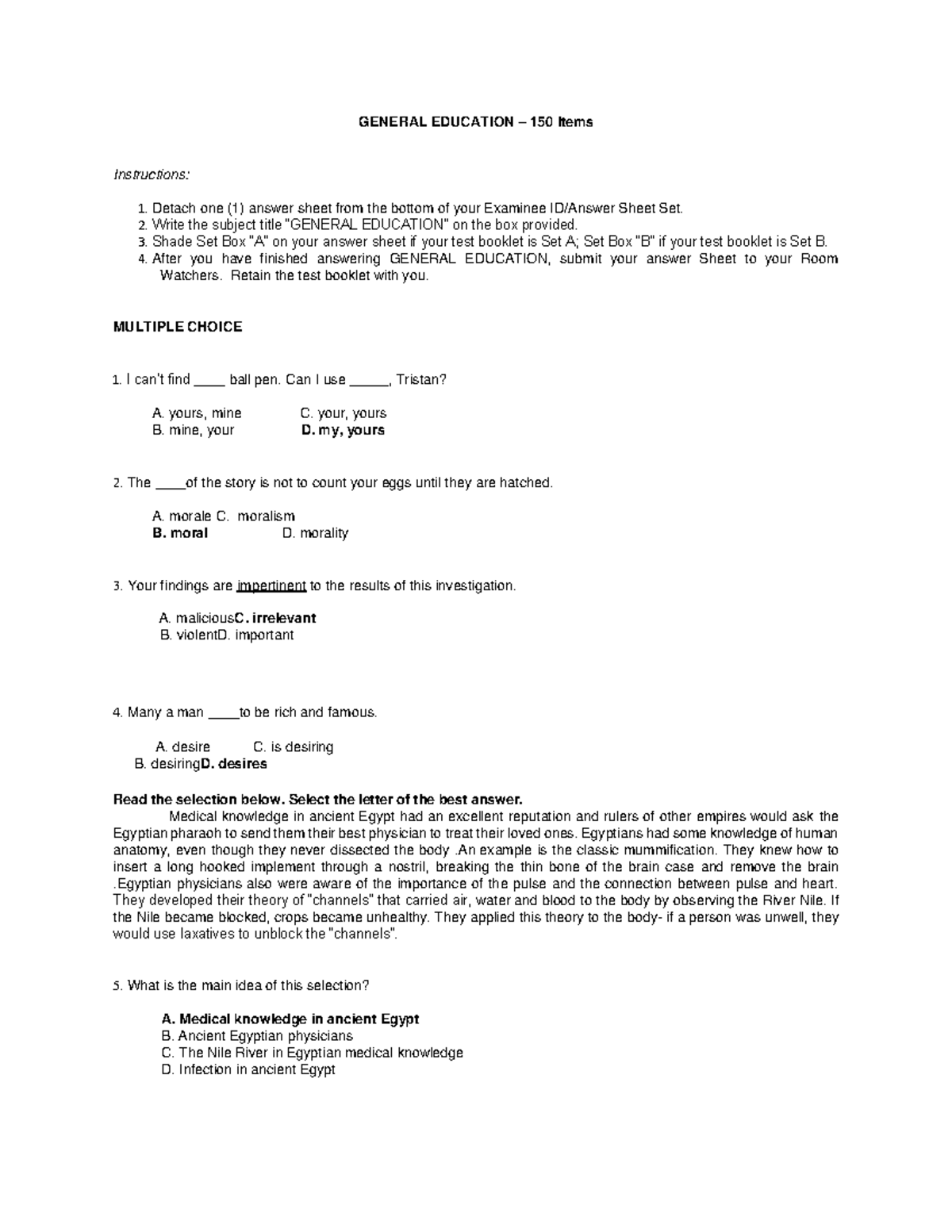 General Education - GENERAL EDUCATION – 150 Items Instructions: Detach ...