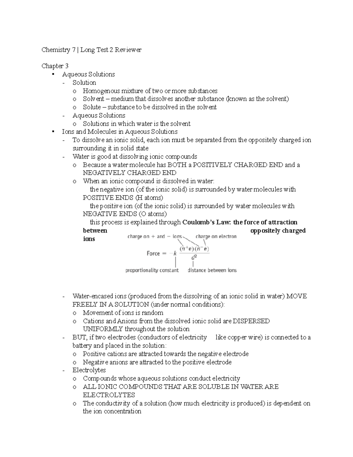 Ch7 Long Test Reviewer - Solutions, Chemical Reactions, and ...