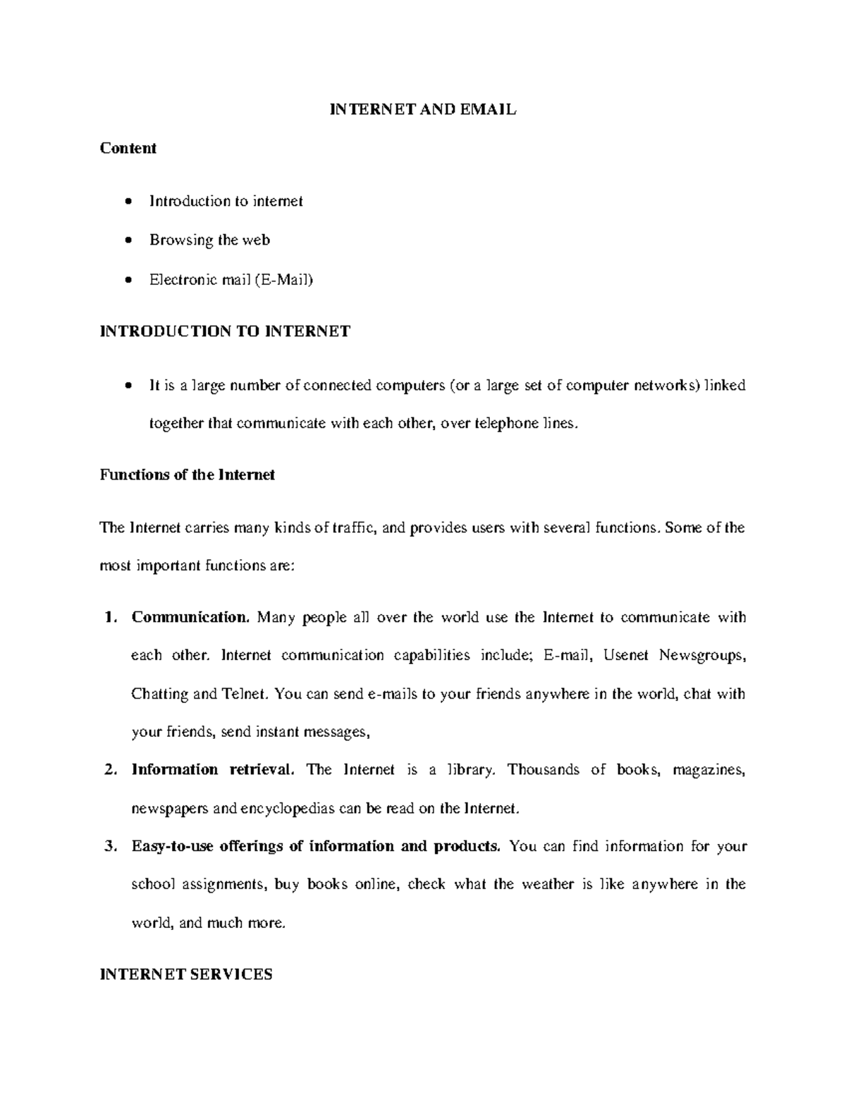 Introduction to Internet - INTERNET AND EMAIL Content Introduction to ...