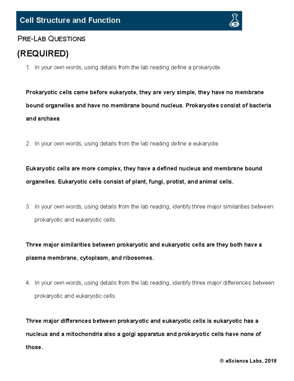 Cell Struct And Func Workbook E Science Lab 1 1 1 Pre Lab Questions Required 1 In Your
