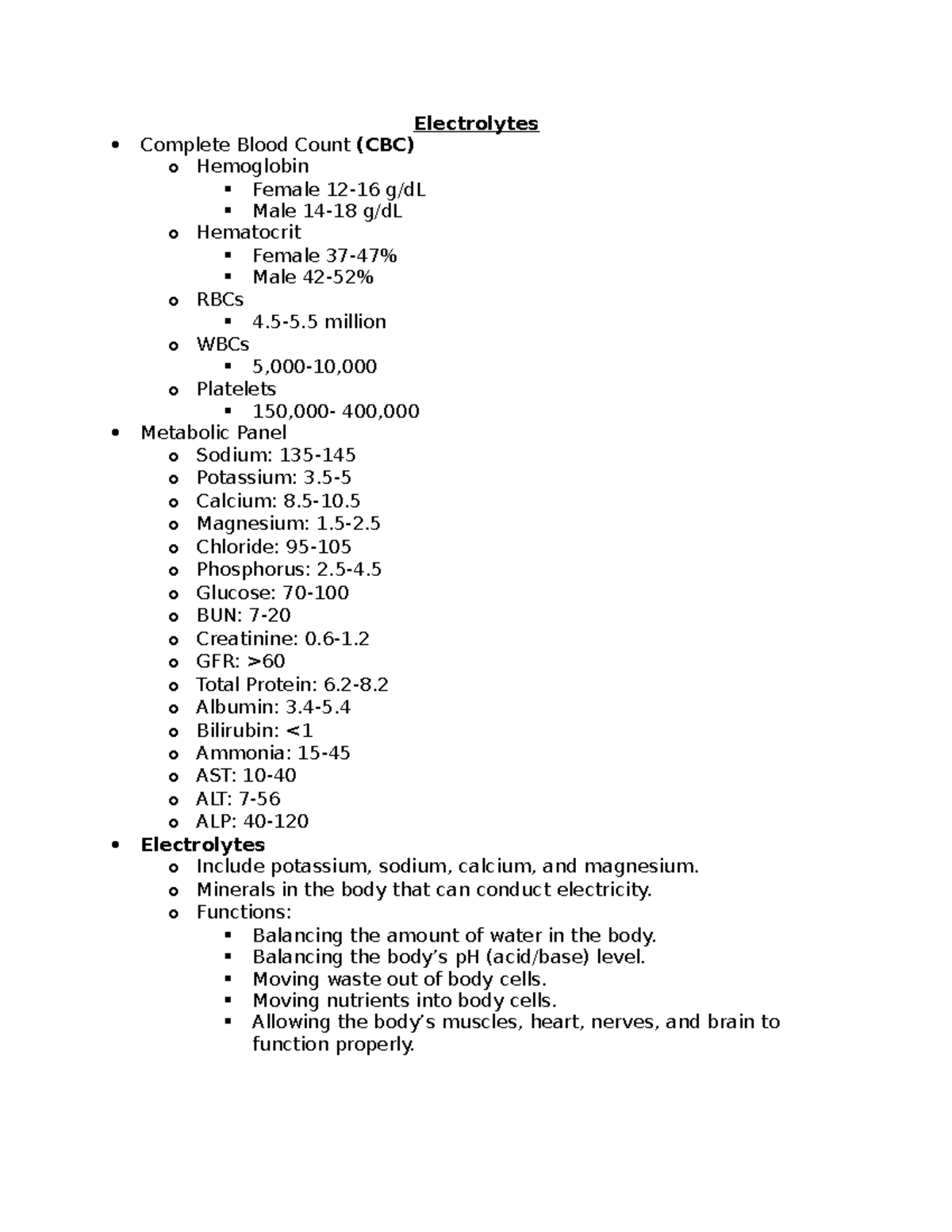 Final Study Guide - Electrolytes Complete Blood Count (CBC) o ...