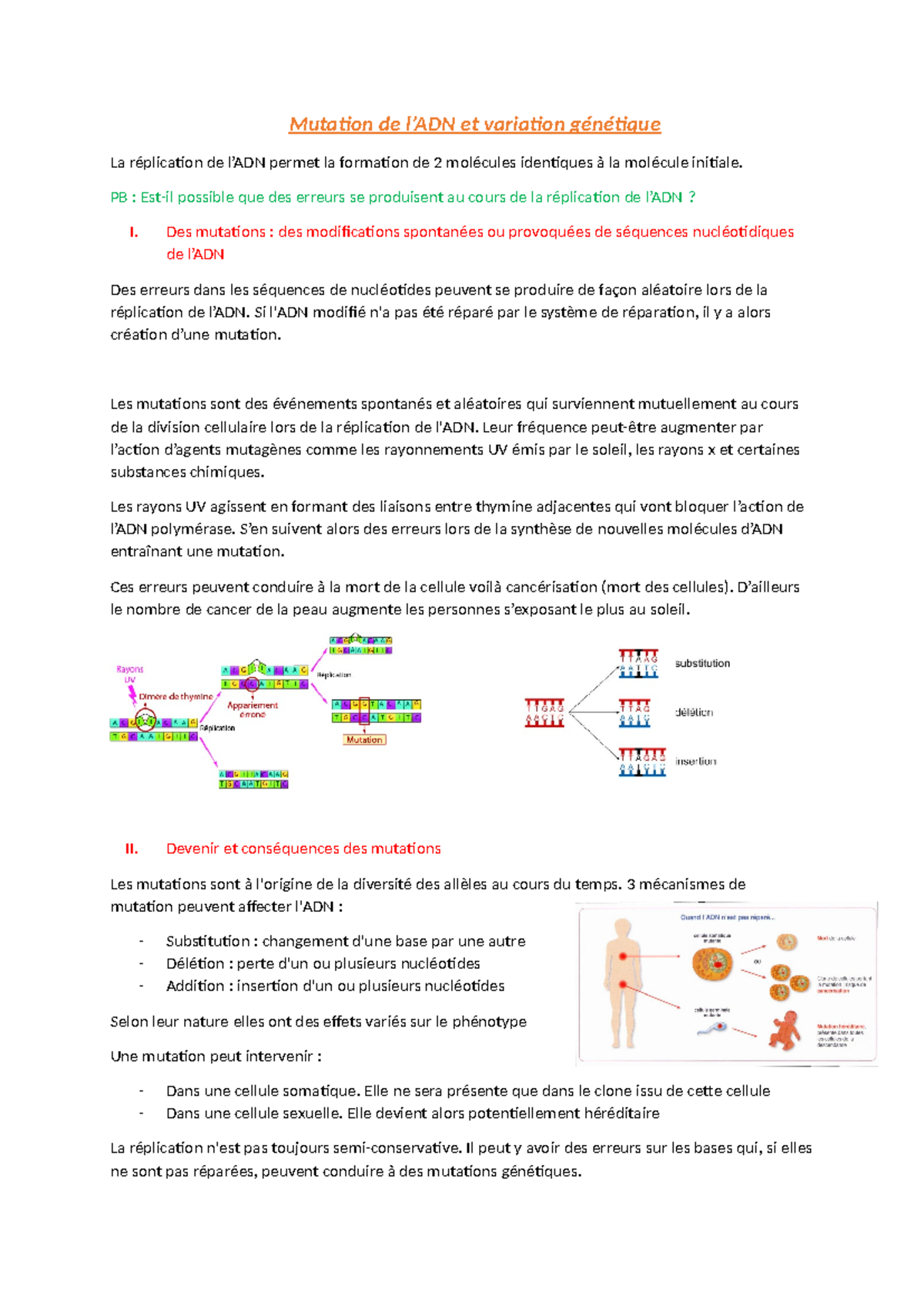Cours SVTT1C3 - Fiche de révision de SVT pour le chapitre 3 du thème 1 - Mutation de l’ADN et ...