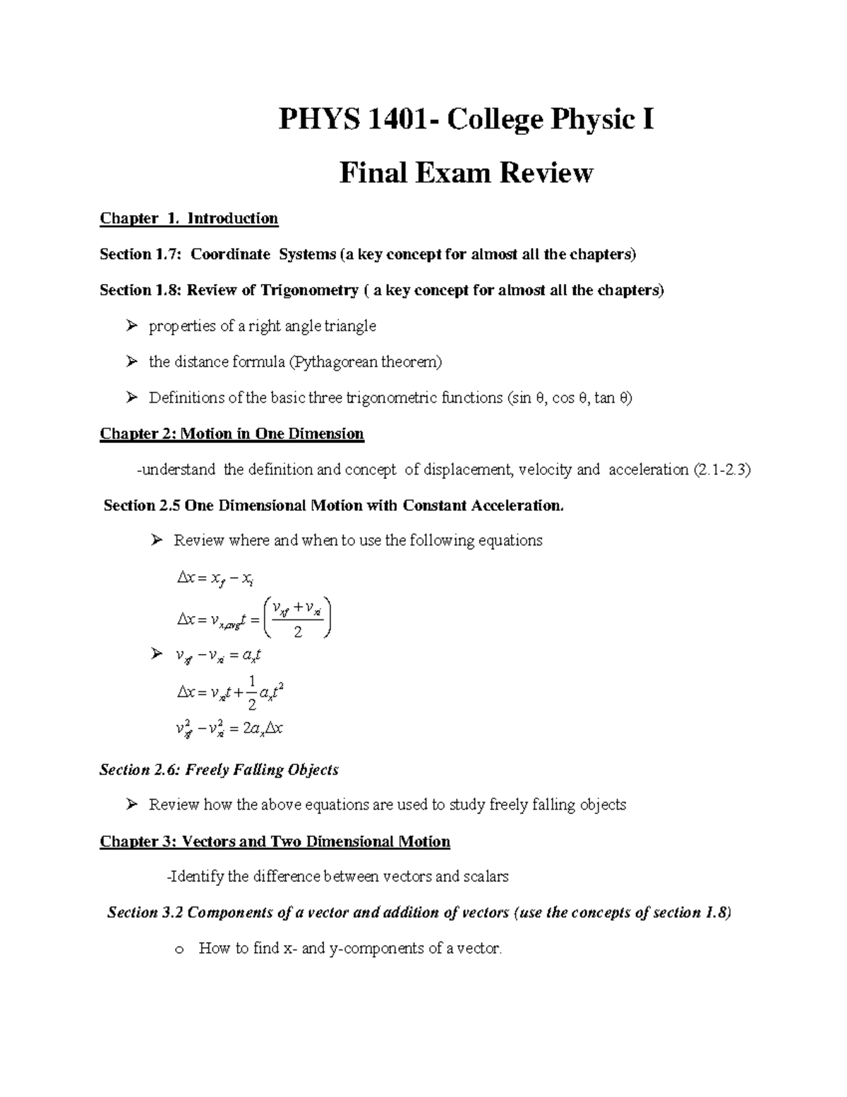 College Final Examination Review-1 - PHYS 1401- College Physic I Final ...