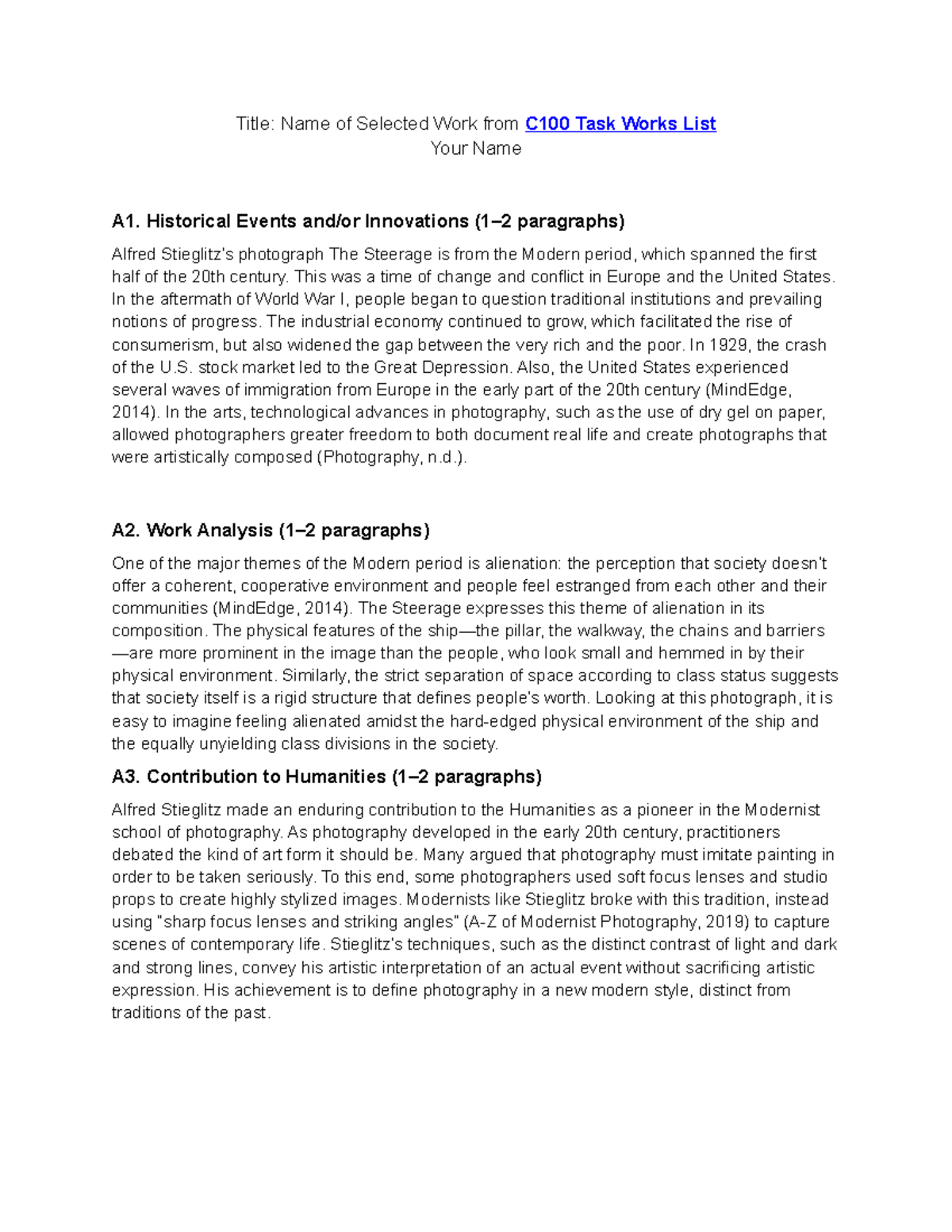 Task template for c100 humanities - Title: Name of Selected Work from ...