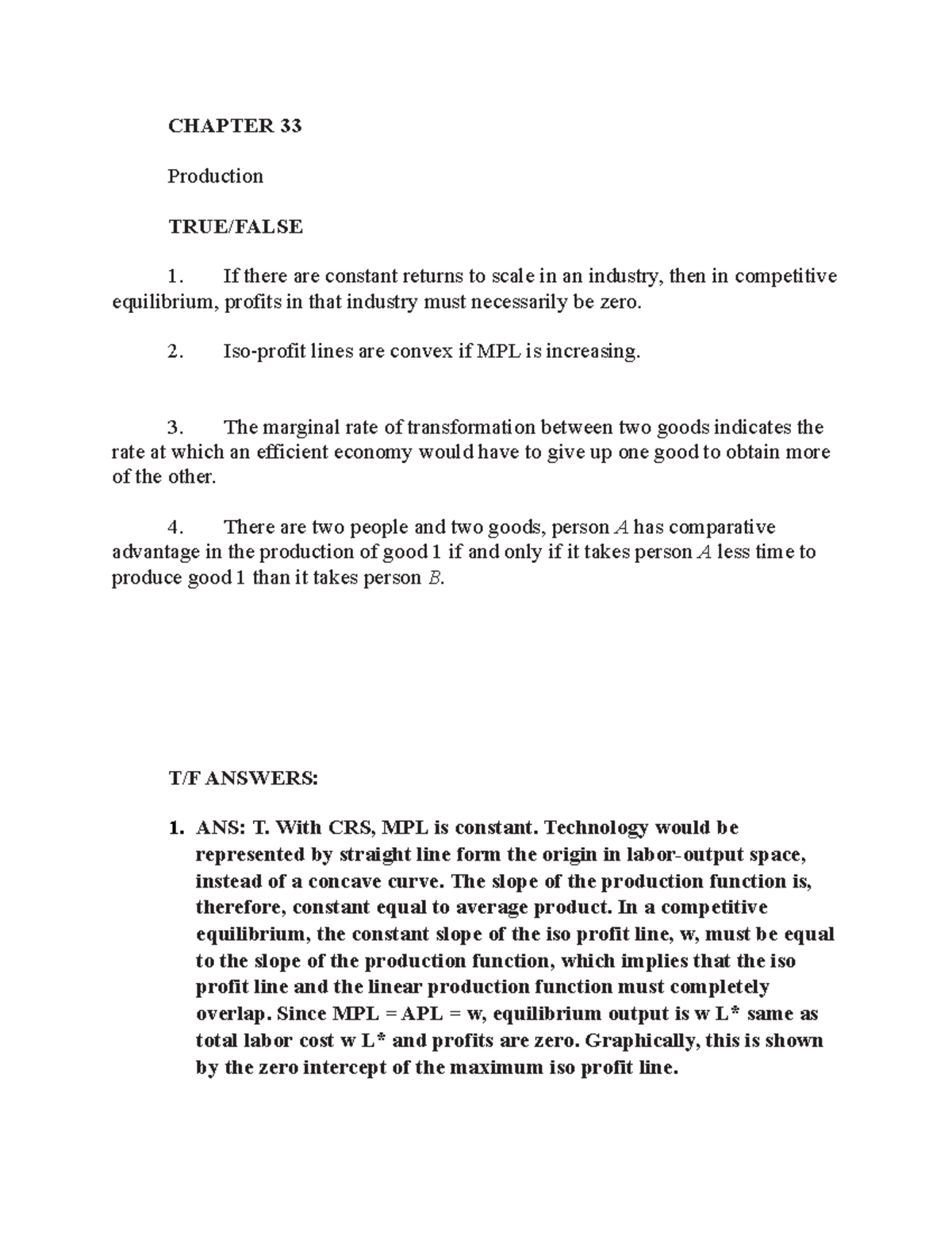 2350 ch 33 problem answers - CHAPTER 33 Production TRUE/FALSE If there are constant returns to ...