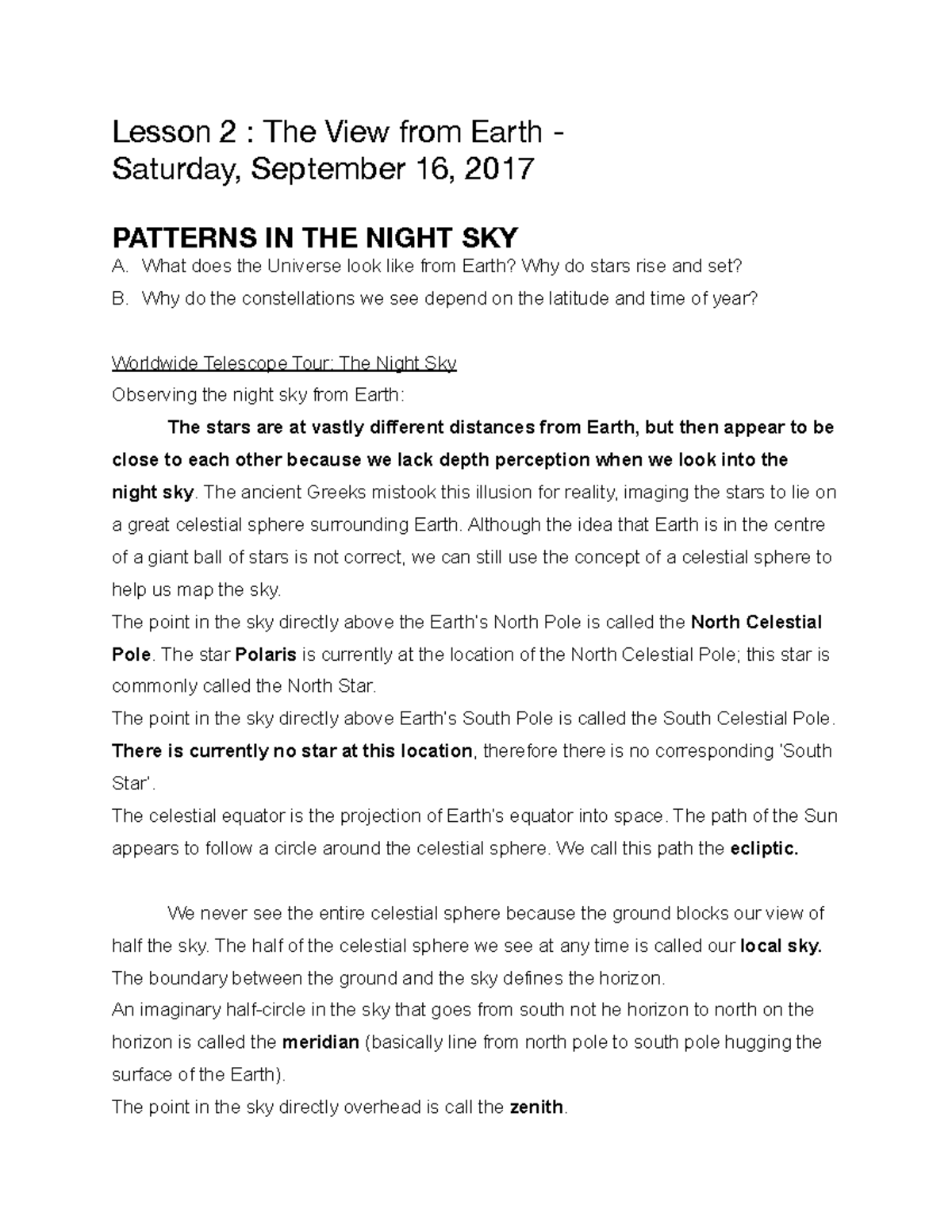Lesson 2 - Lesson 2 : The View from Earth - Saturday, September 16 ...