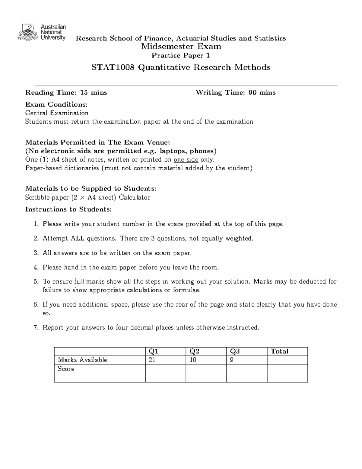 Midterm Practice Paper 1 - Research School of Finance, Actuarial Studies and Statistics ...