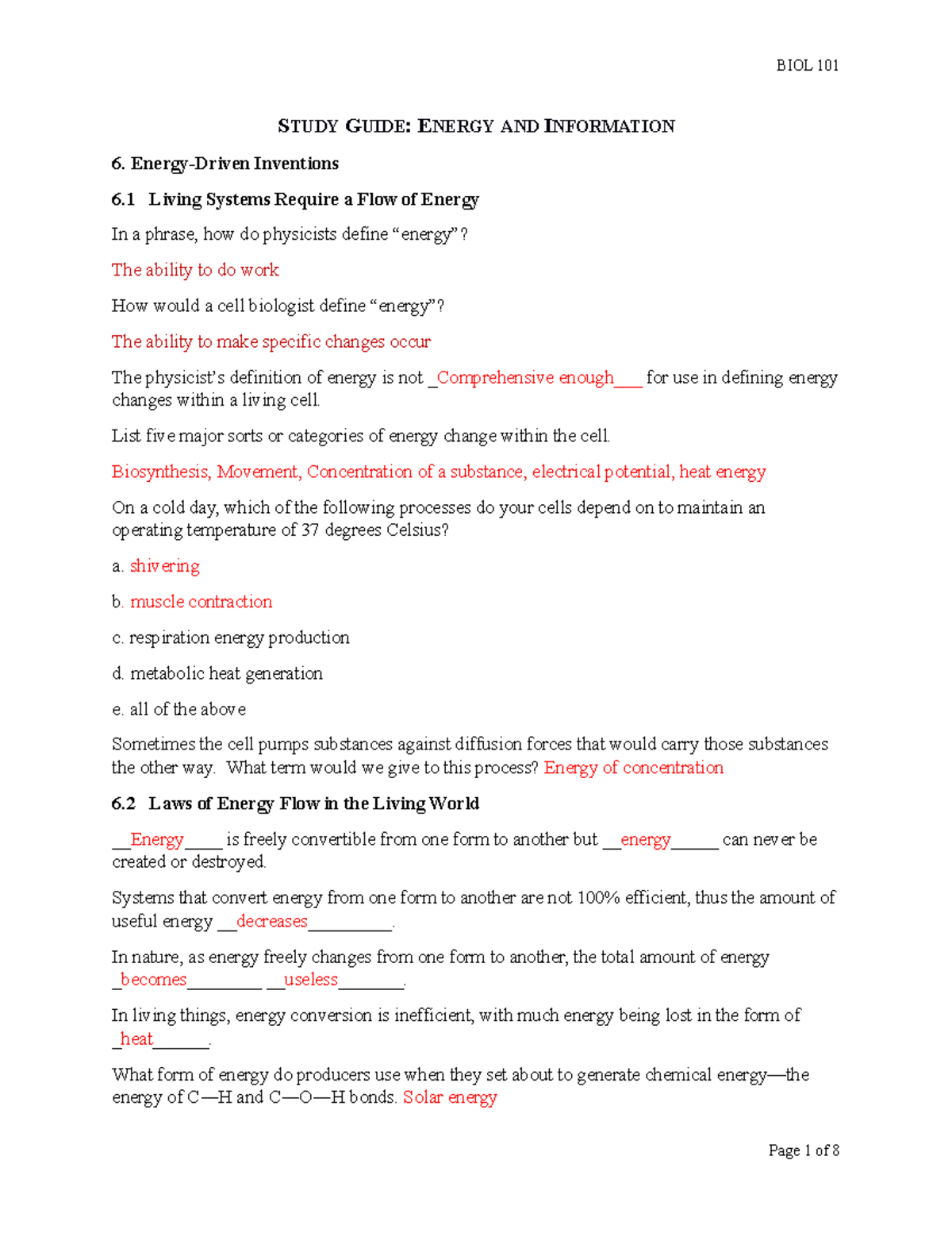 Study Guide Energy and Information - STUDY GUIDE: ENERGY AND ...