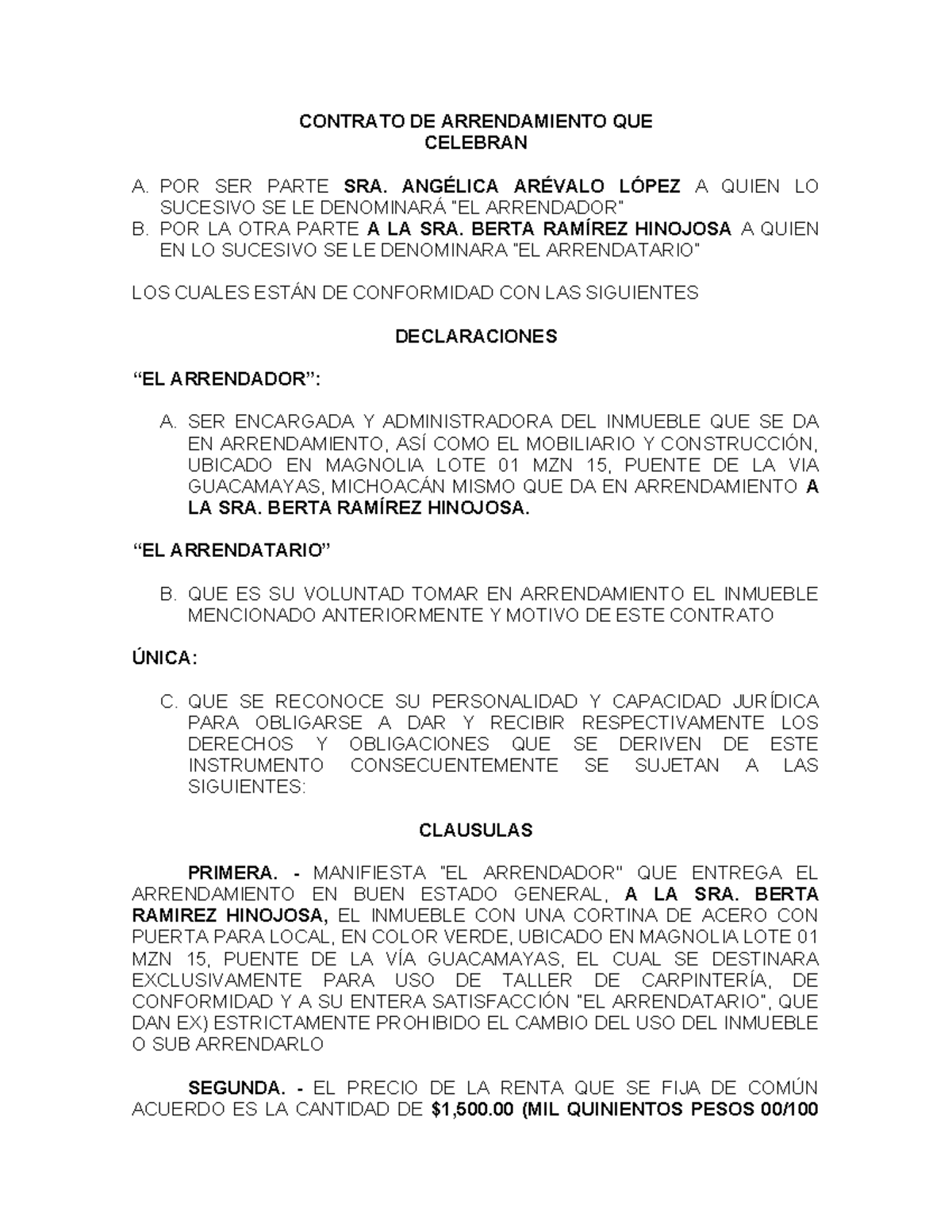 Contrato DE Arrendamiento Angelica Arebalo Berta - CONTRATO DE ...