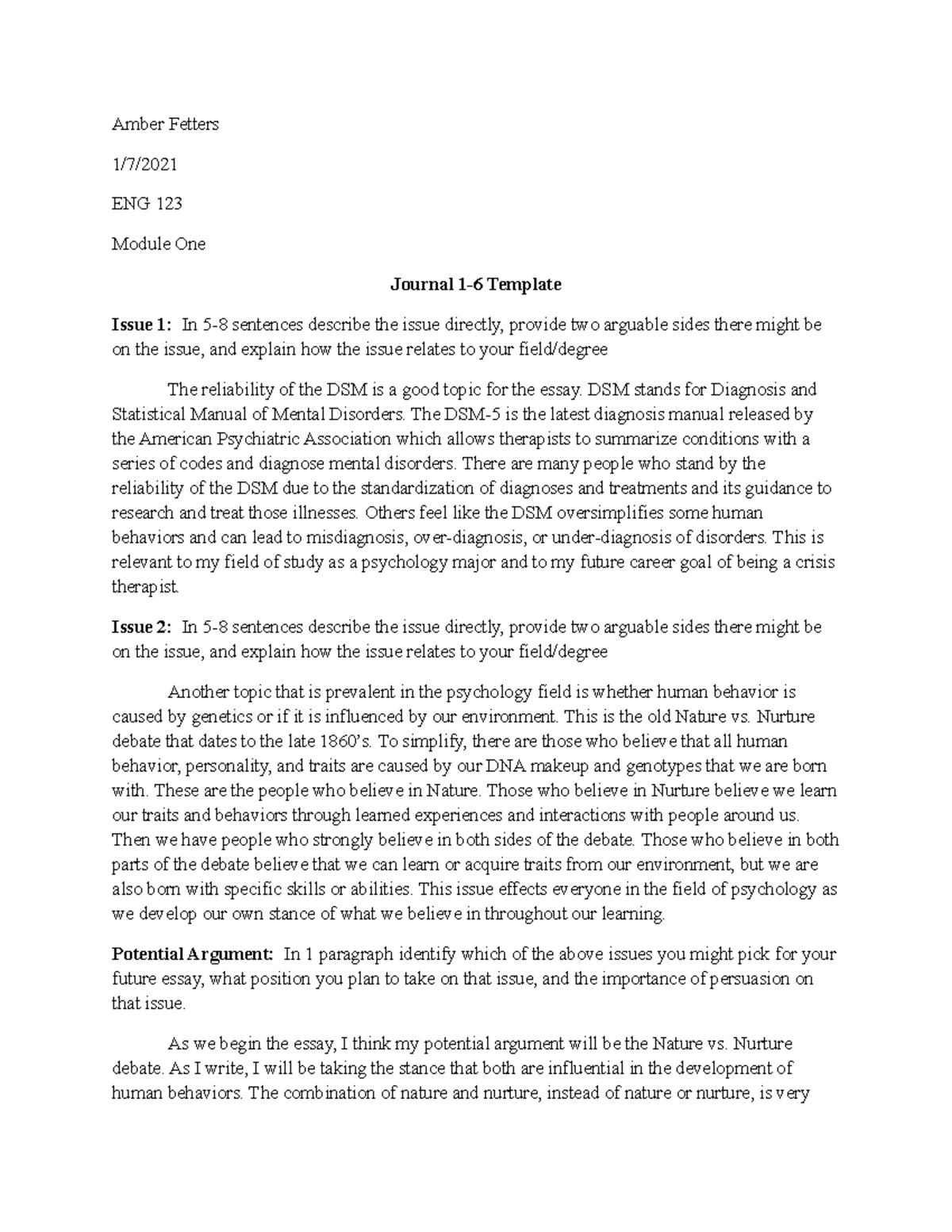 Journal 1 Example and Template - Amber Fetters 1/7/ ENG 123 Module One ...