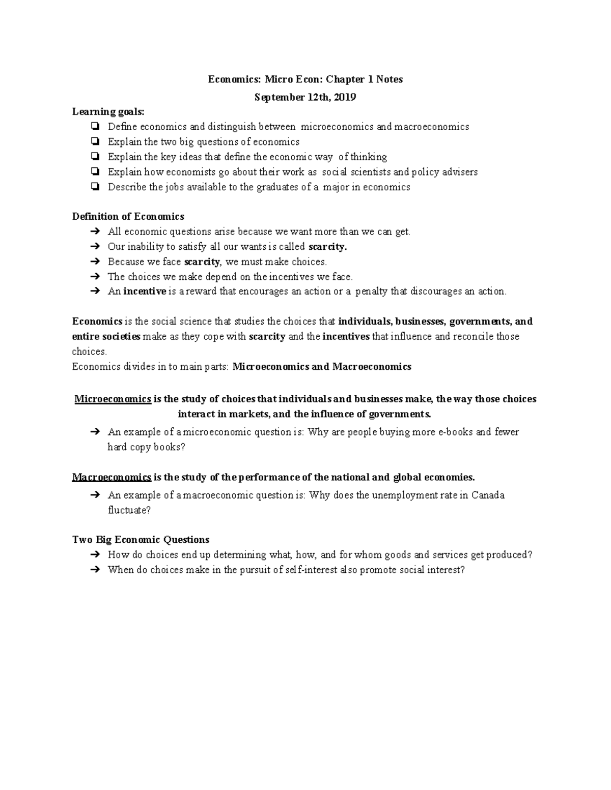 Econ- Chapter 1 notes - Economics: Micro Econ: Chapter 1 Notes ...